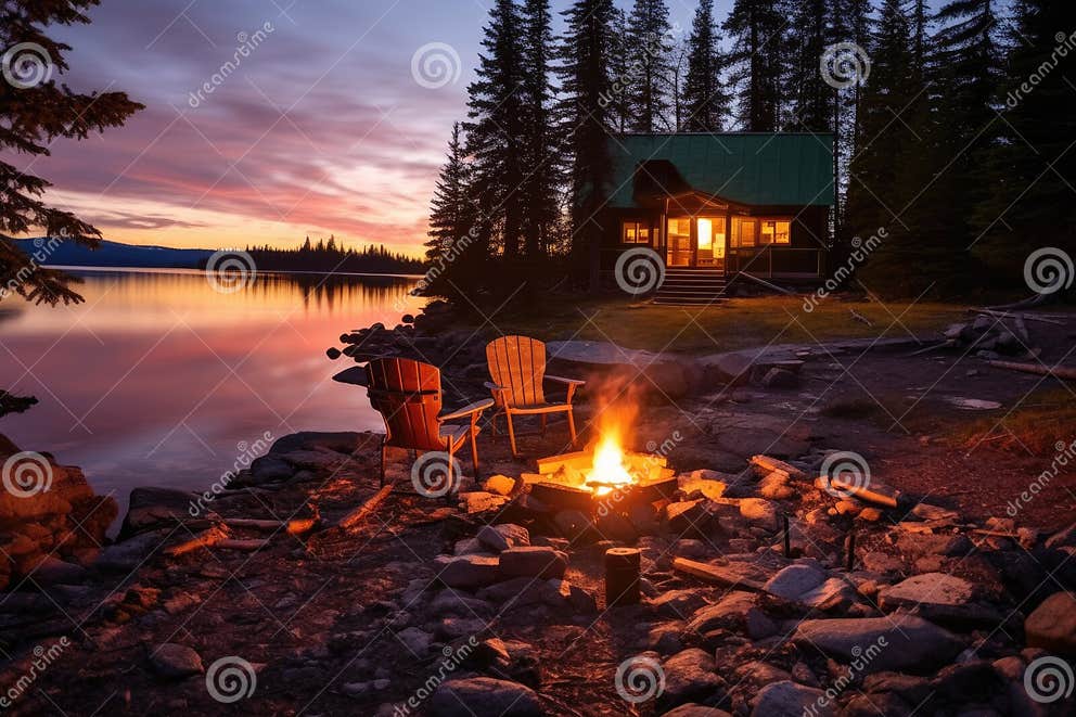 Rustic Cabin with a Campfire on the Lakeshore Stock Image - Image of ...
