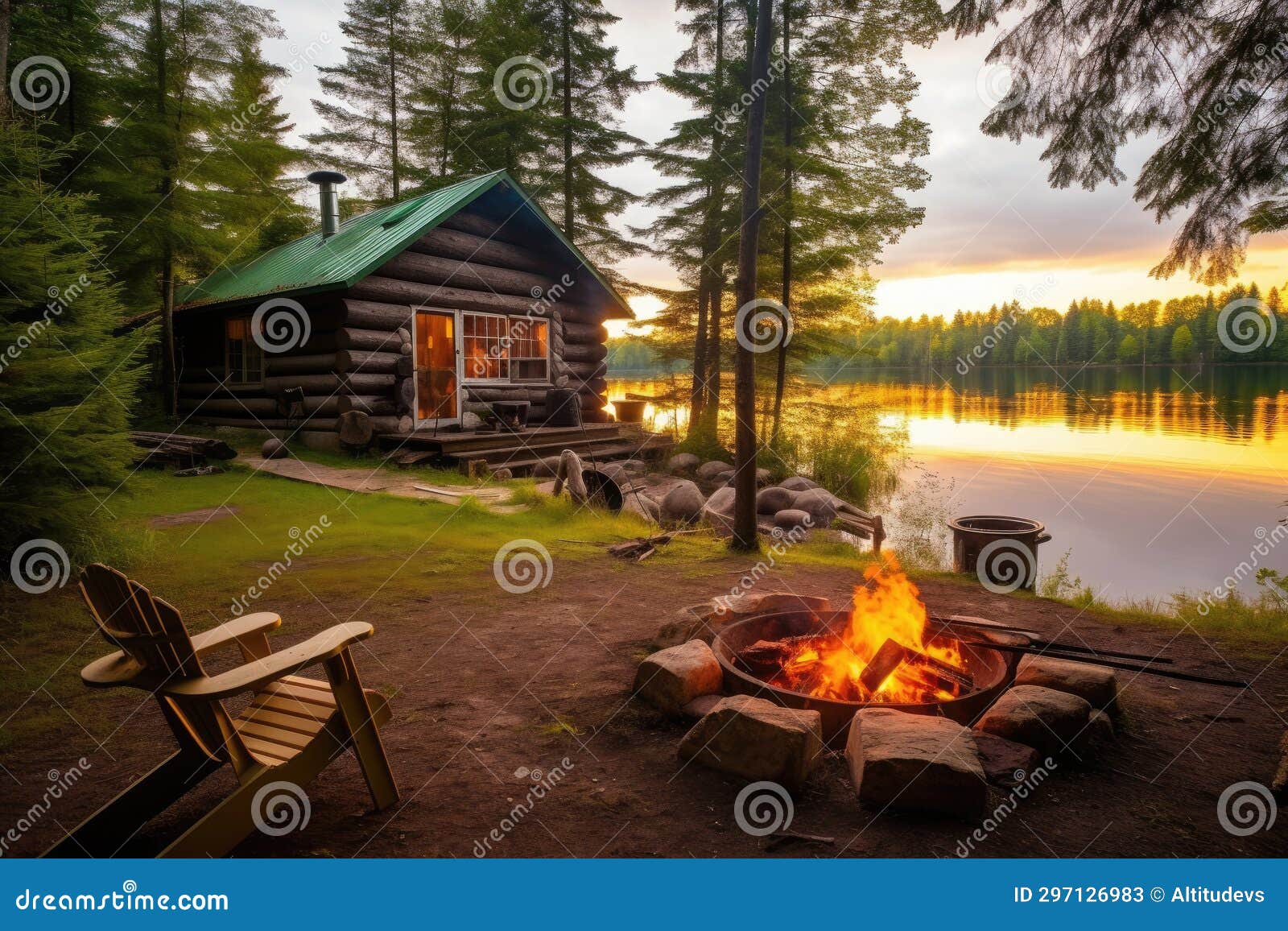 Rustic Cabin with a Campfire on the Lakeshore Stock Image - Image of ...