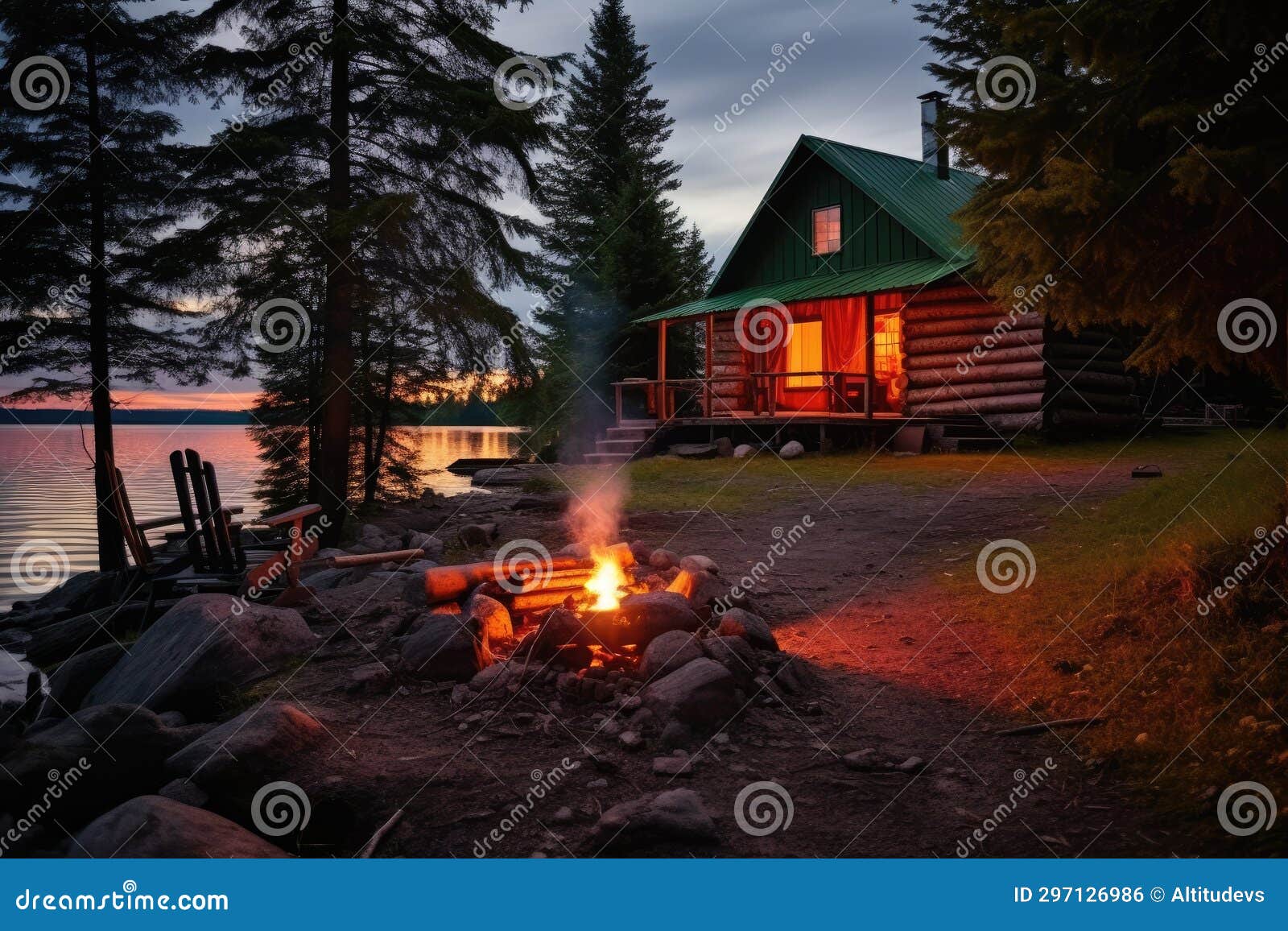 Rustic Cabin with a Campfire on the Lakeshore Stock Photo - Image of ...