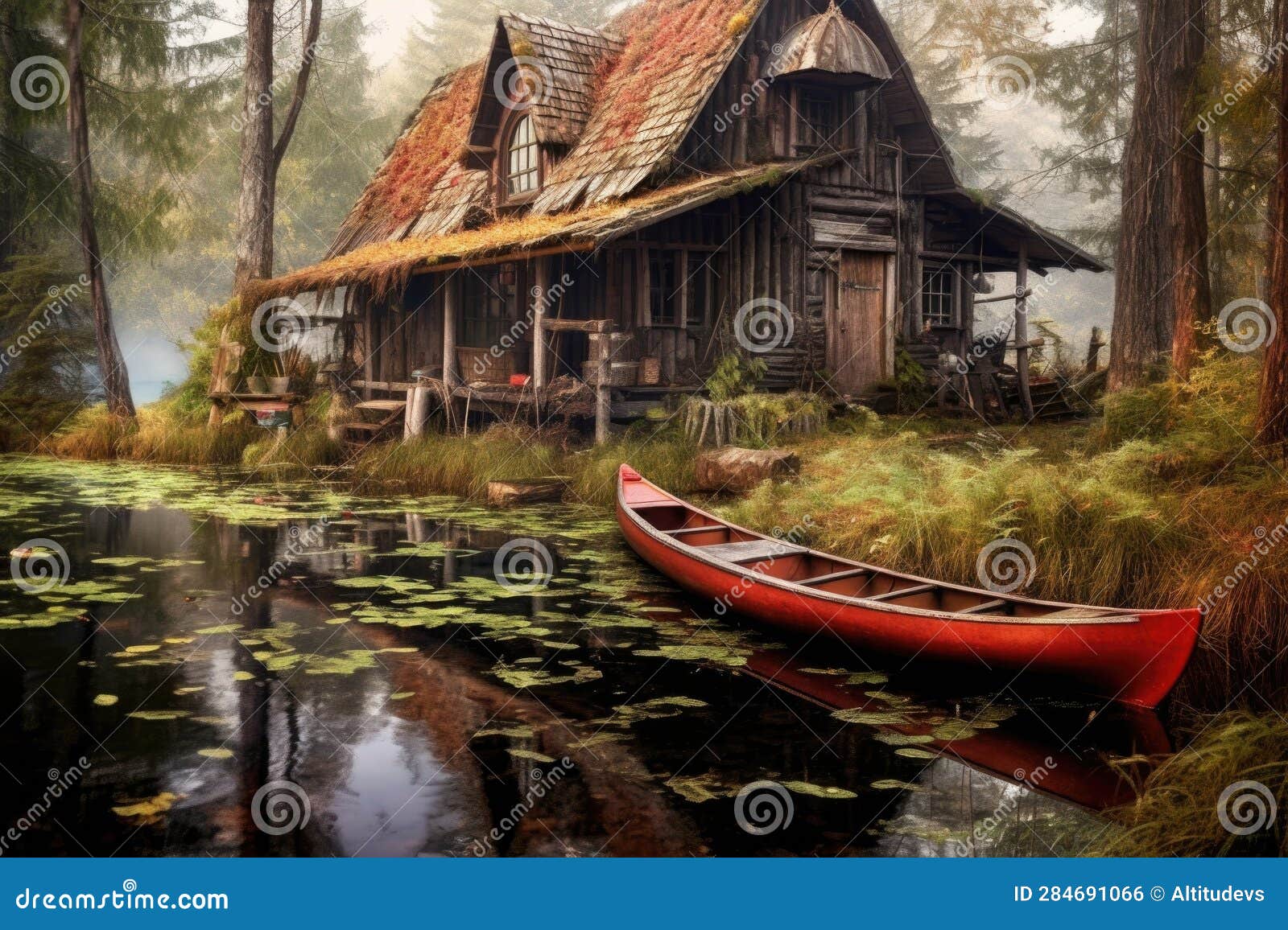 Rustic Cabin with a Canoe Propped Against it Stock Photo - Image of ...