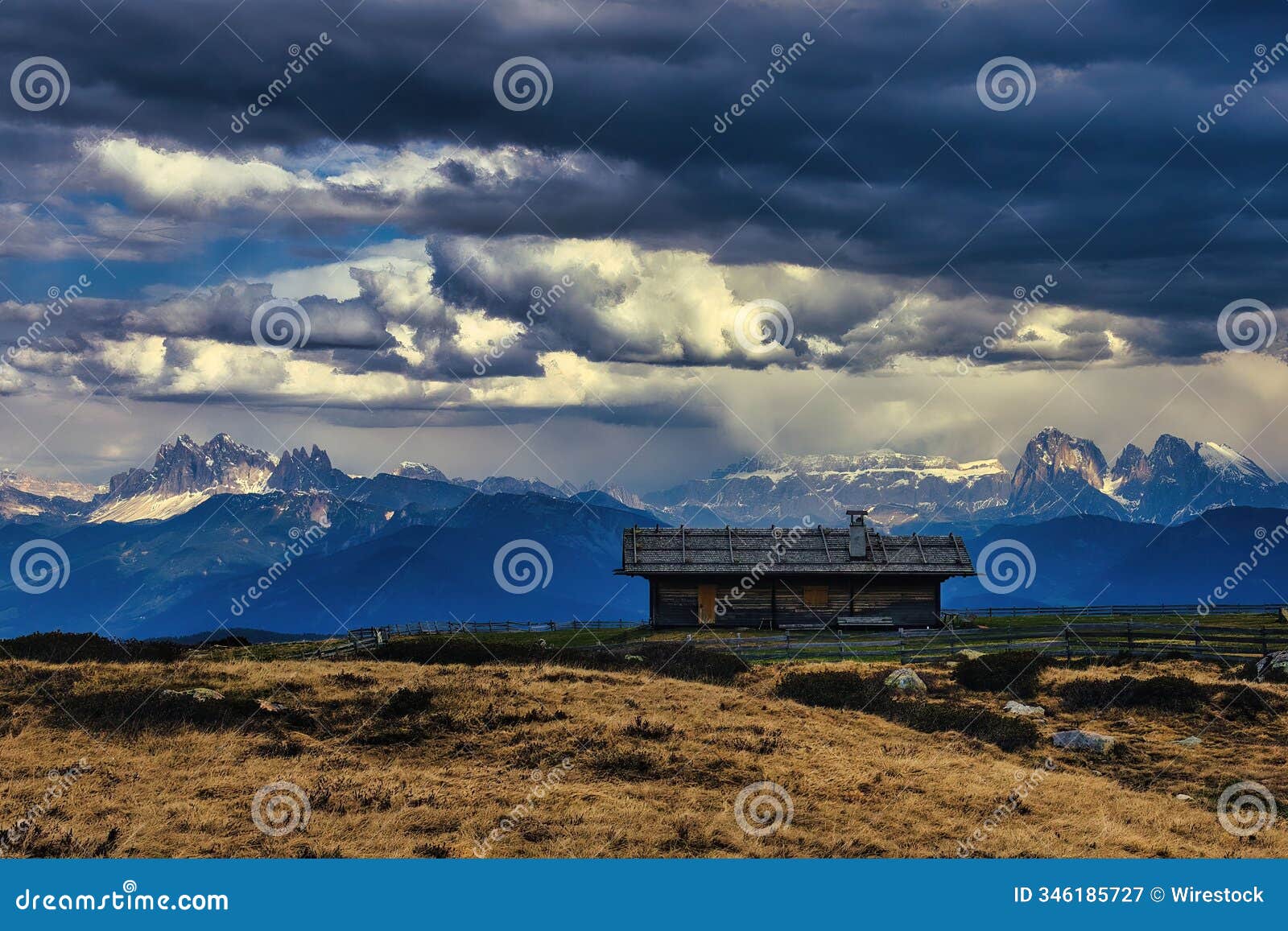Rustic Cabin with Dramatic Mountain Backdrop Stock Image - Image of ...