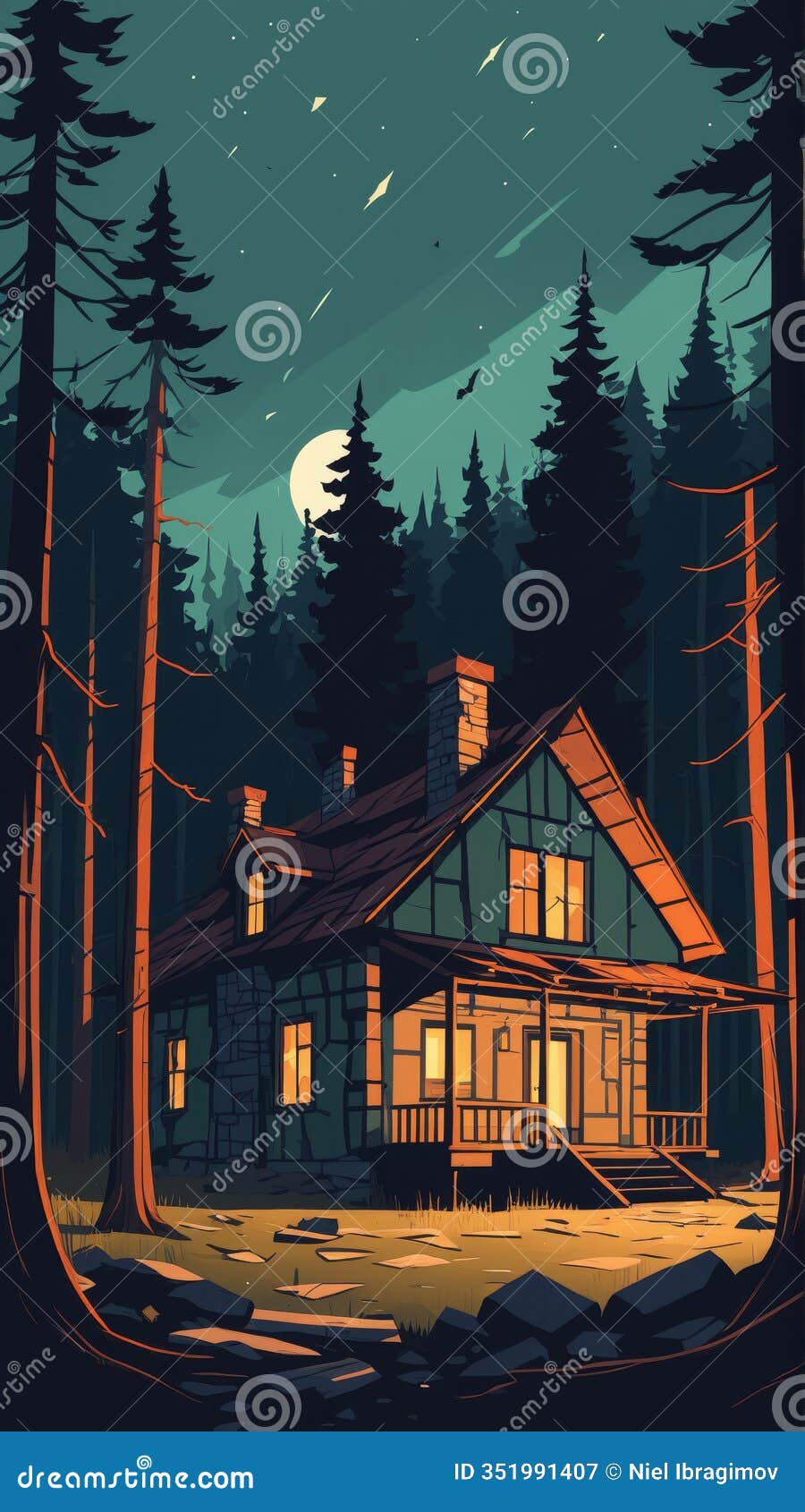 Rustic Cabin at Dusk with Moonlit Forest and Falling Stars Stock Image ...