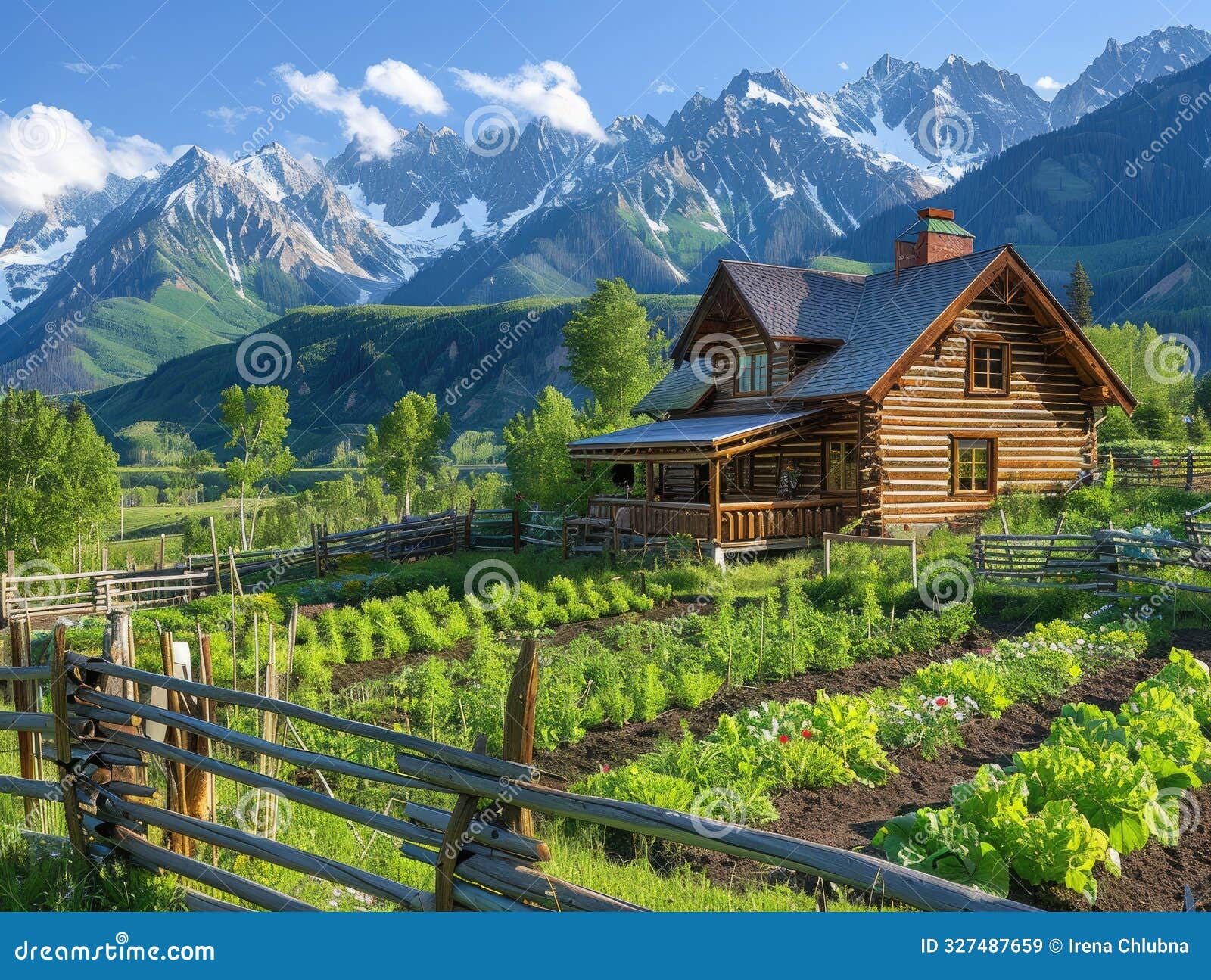 Rustic Cabin with Garden Against Majestic Mountain Backdrop Stock ...