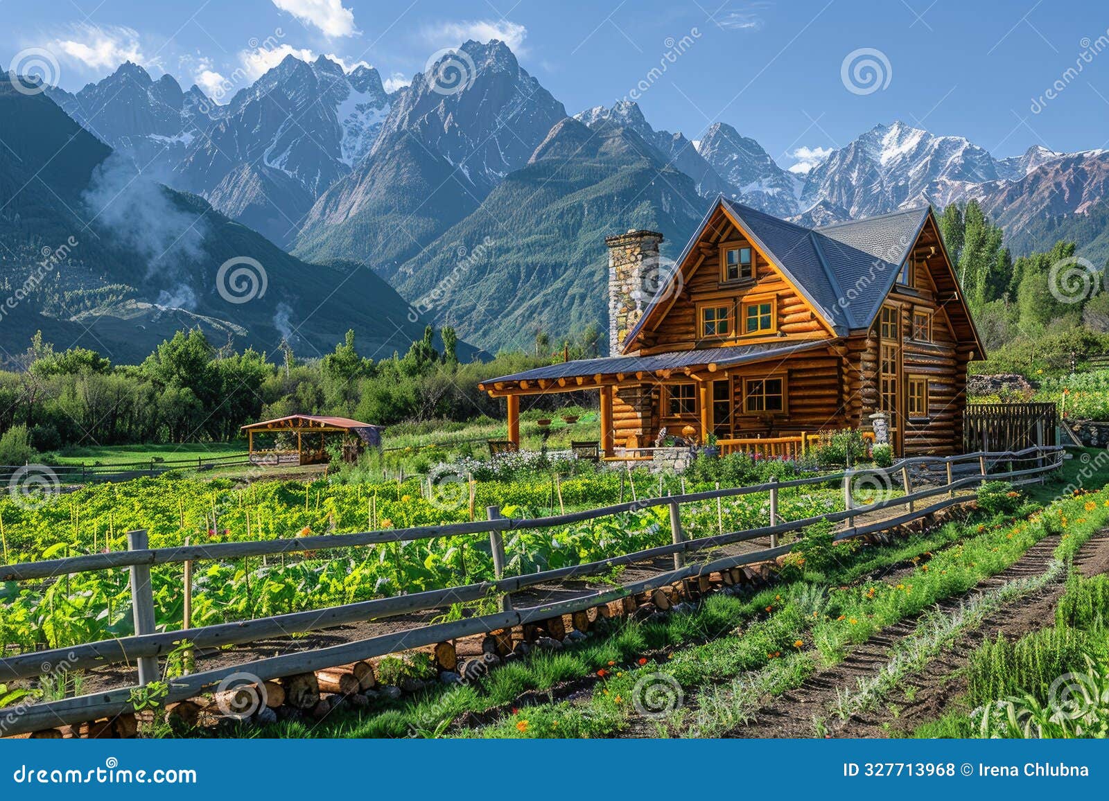 Rustic Cabin with Garden Against Majestic Mountain Backdrop Stock ...