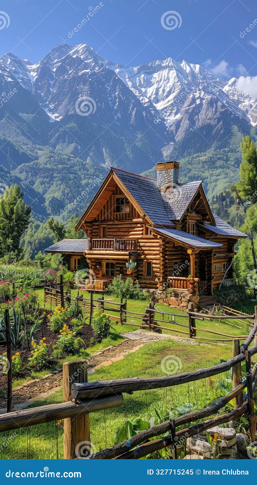 Rustic Cabin with Garden Against Majestic Mountain Backdrop Stock ...