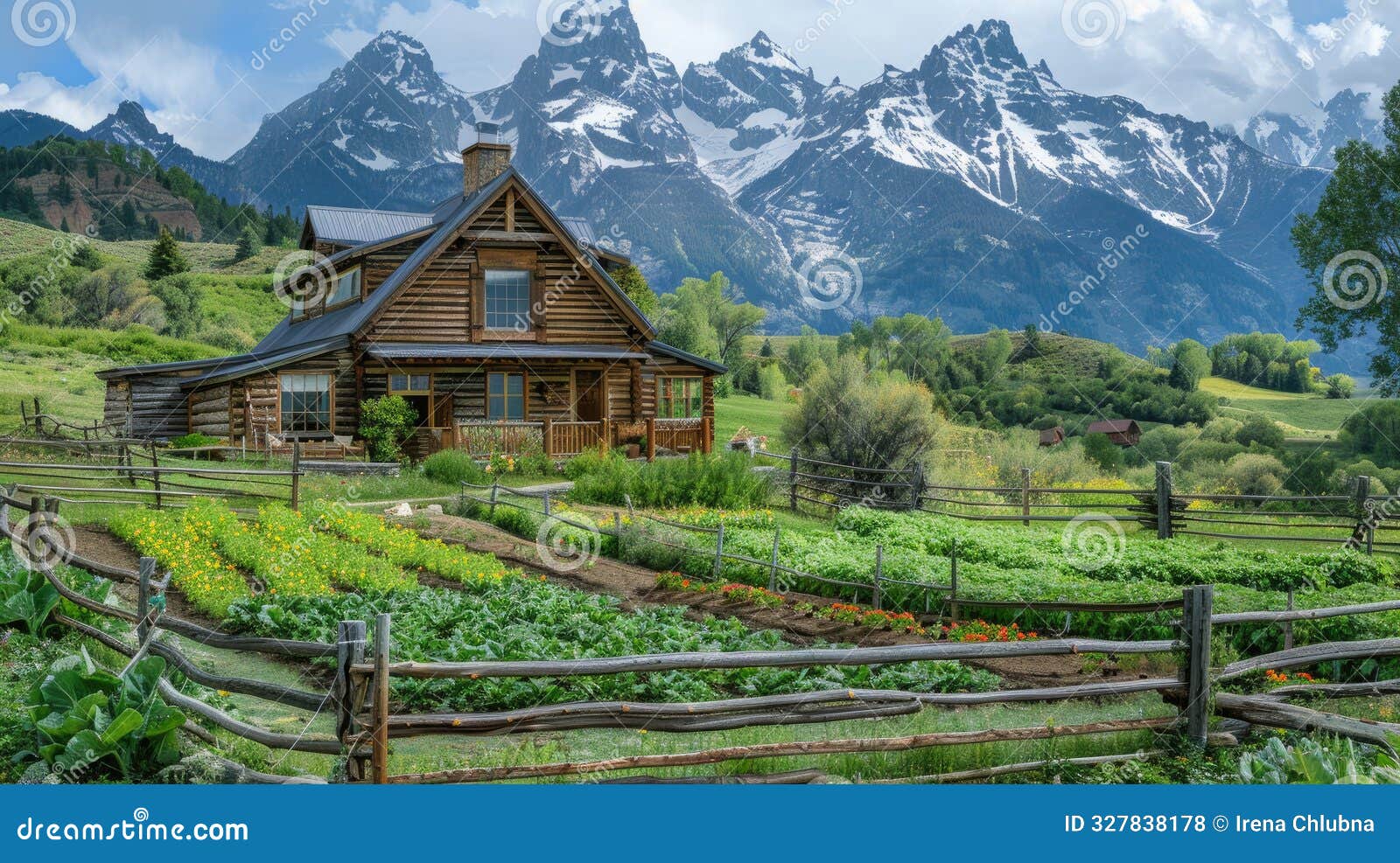 Rustic Cabin with Garden Against Majestic Mountain Backdrop Stock ...