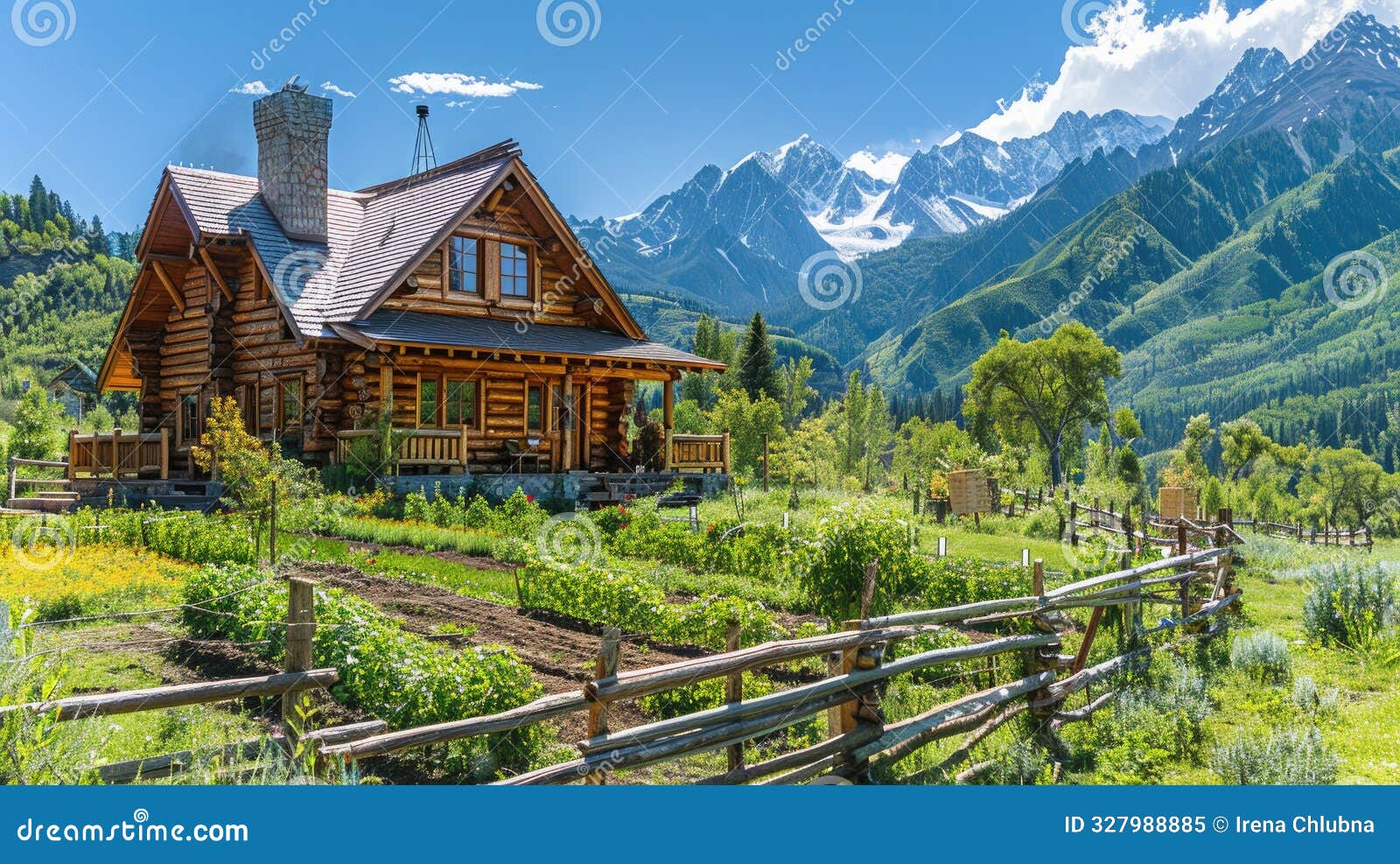 Rustic Cabin with Garden Against Majestic Mountain Backdrop Stock ...