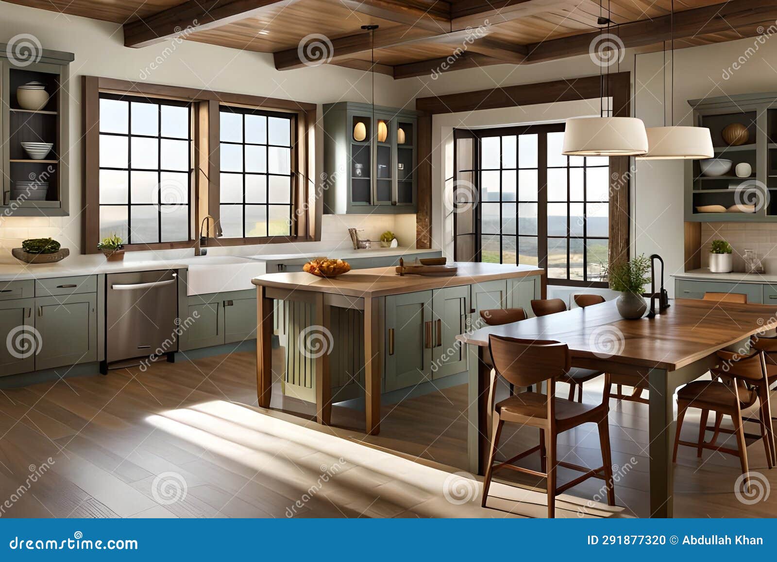 A Rustic Cabin Kitchen with Sunlight Streaming through Stock ...