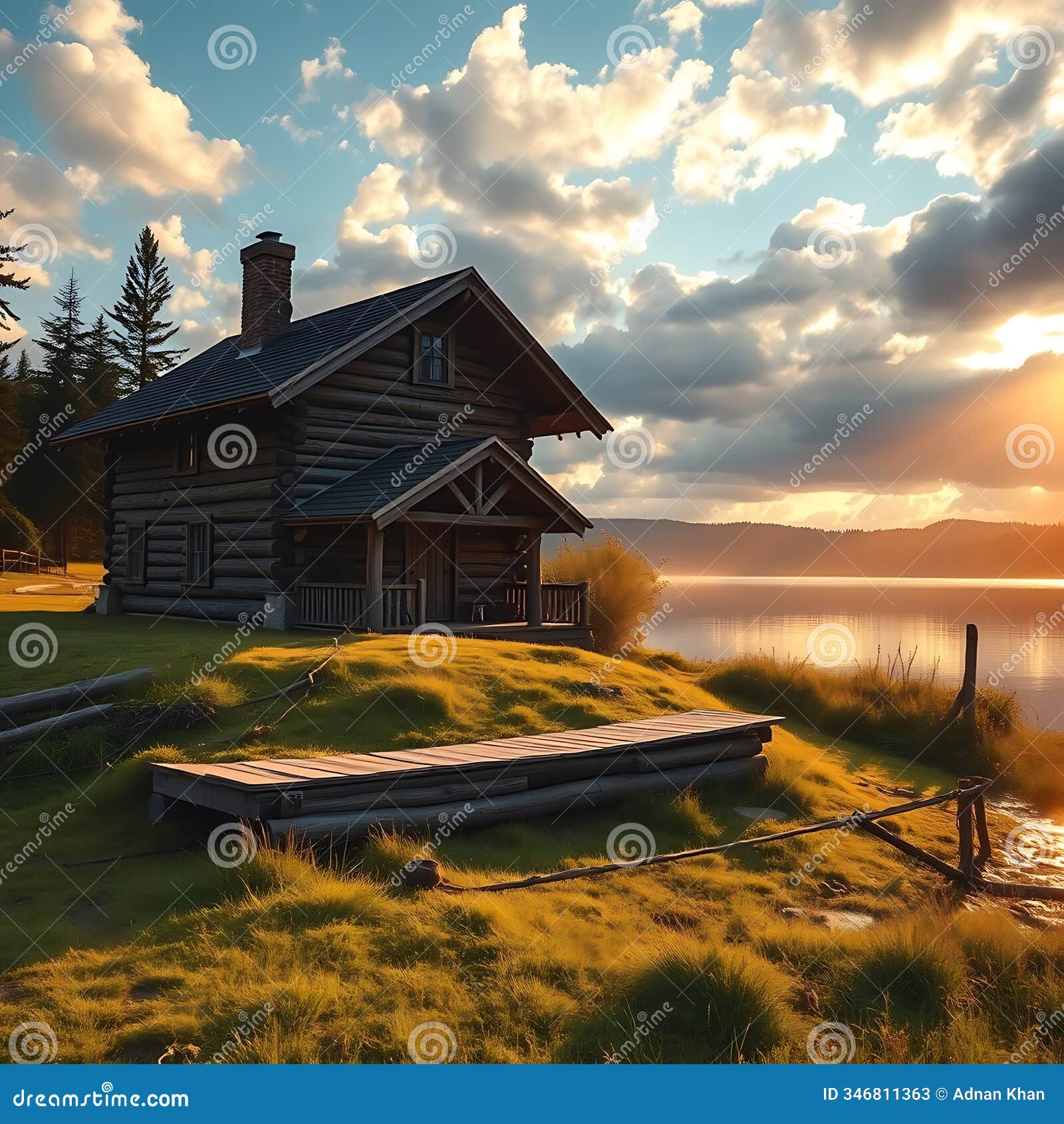 Rustic Cabin by Lake at Sunrise Stock Illustration - Illustration of ...
