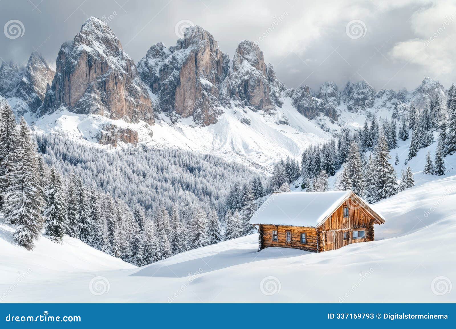 Rustic Cabin Nestled in a Winter Setting with a Long Range Mountain ...