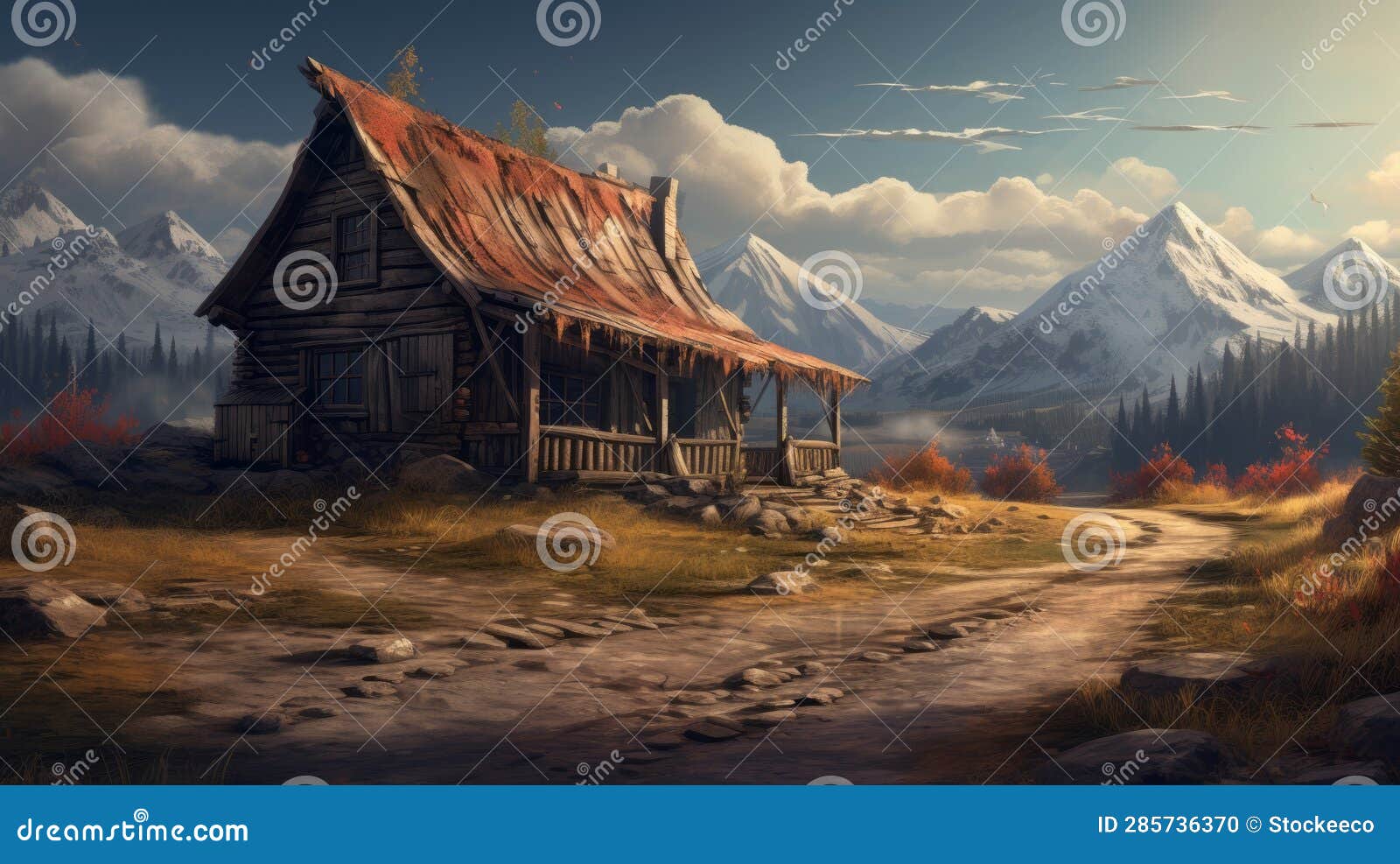 Rustic Cabin in a Post-apocalyptic Mountain Landscape Stock ...