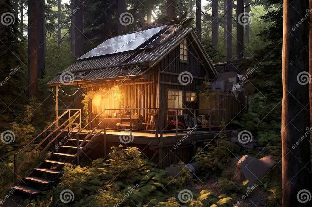 Rustic Cabin with Rooftop Solar Panels in Dense Forest Stock ...