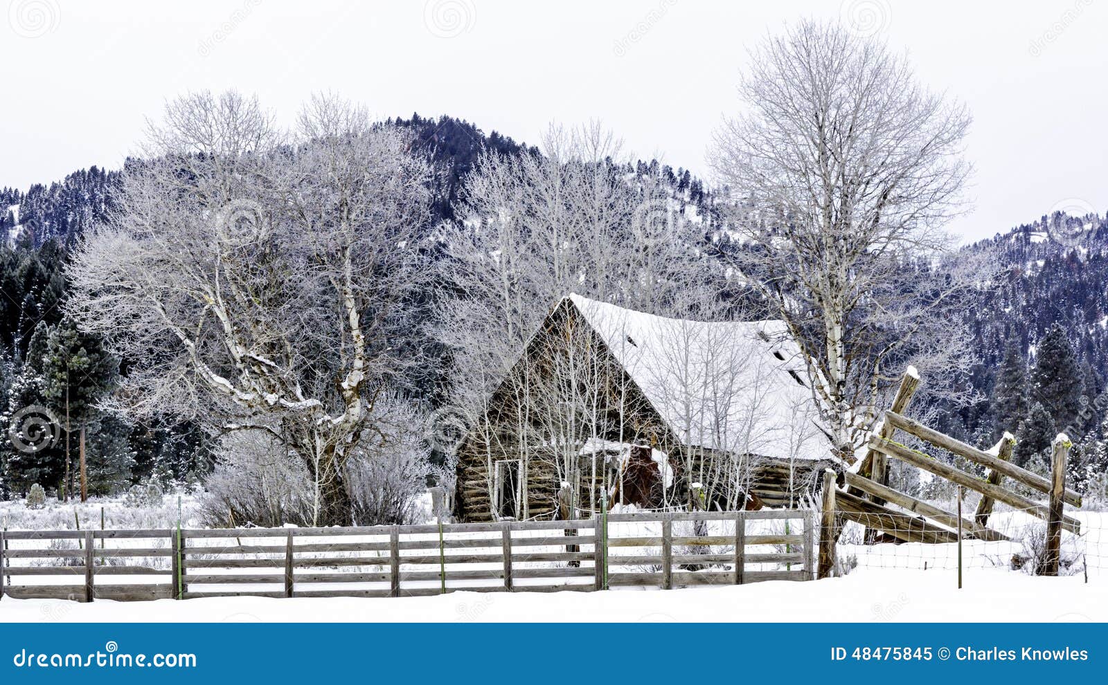 Rustic Cabin in the Snow with a Fence Stock Image - Image of country ...