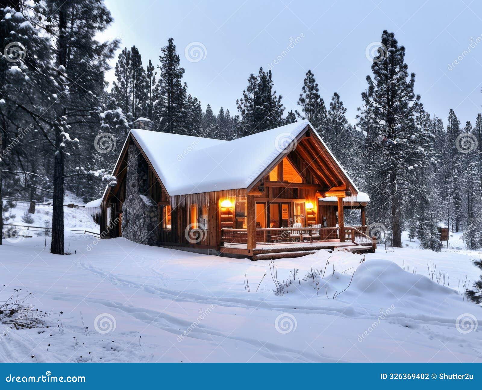 Rustic Cabin in a Snowy Landscape Warm Light from Windows Surrounded by ...