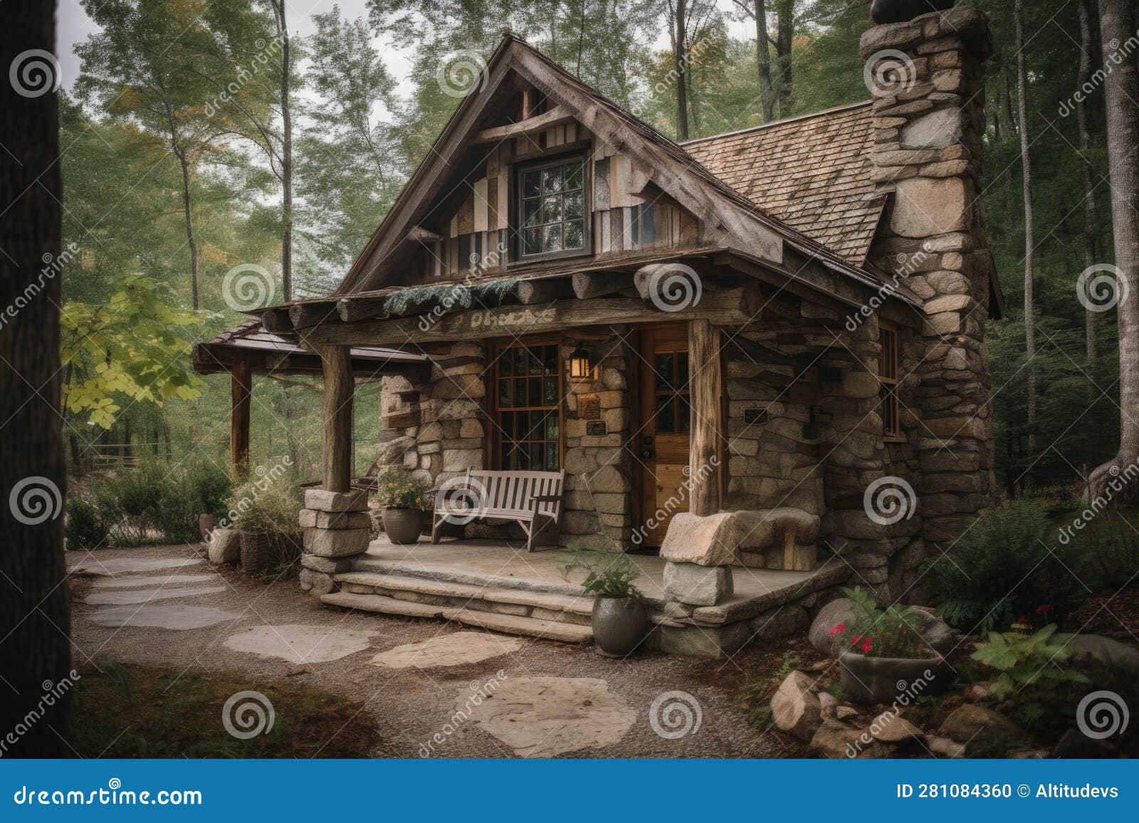 Rustic Cabin with Stone Exterior and Porch Swing Stock Photo - Image of ...