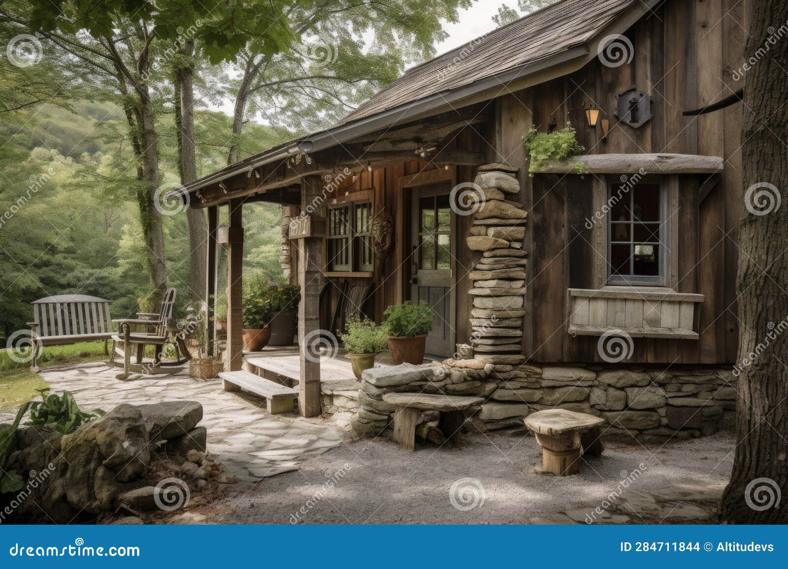 Rustic Cabin with Stone Exterior and Porch Swing Stock Photo - Image of ...