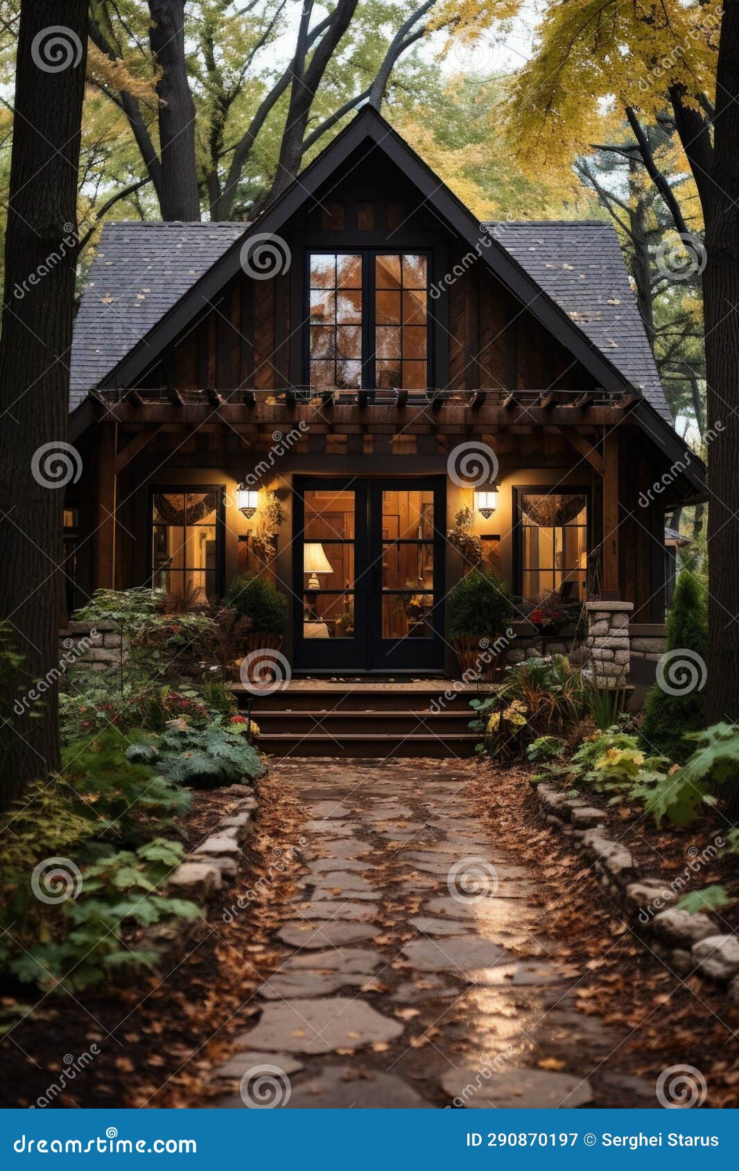 A Rustic Cabin with a Stone Walkway Leading To the Front Door, AI Stock ...