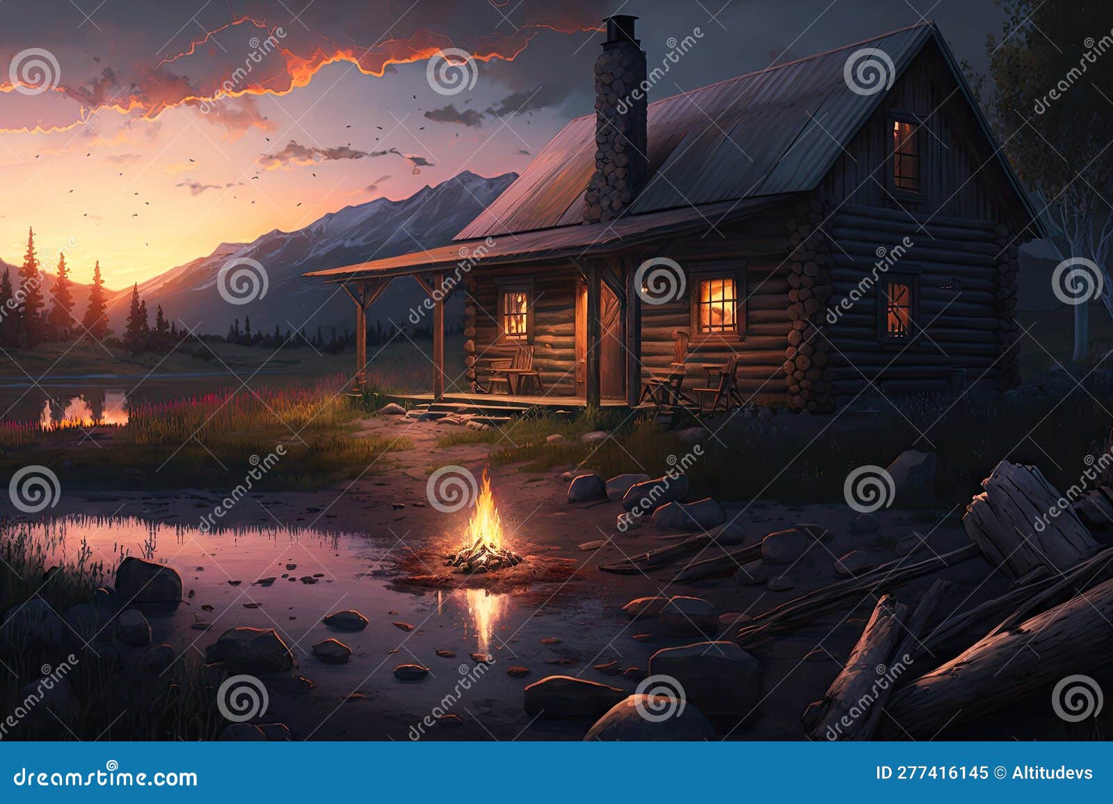 A Rustic Cabin in the Sunset with a Campfire Crackling Stock Image ...