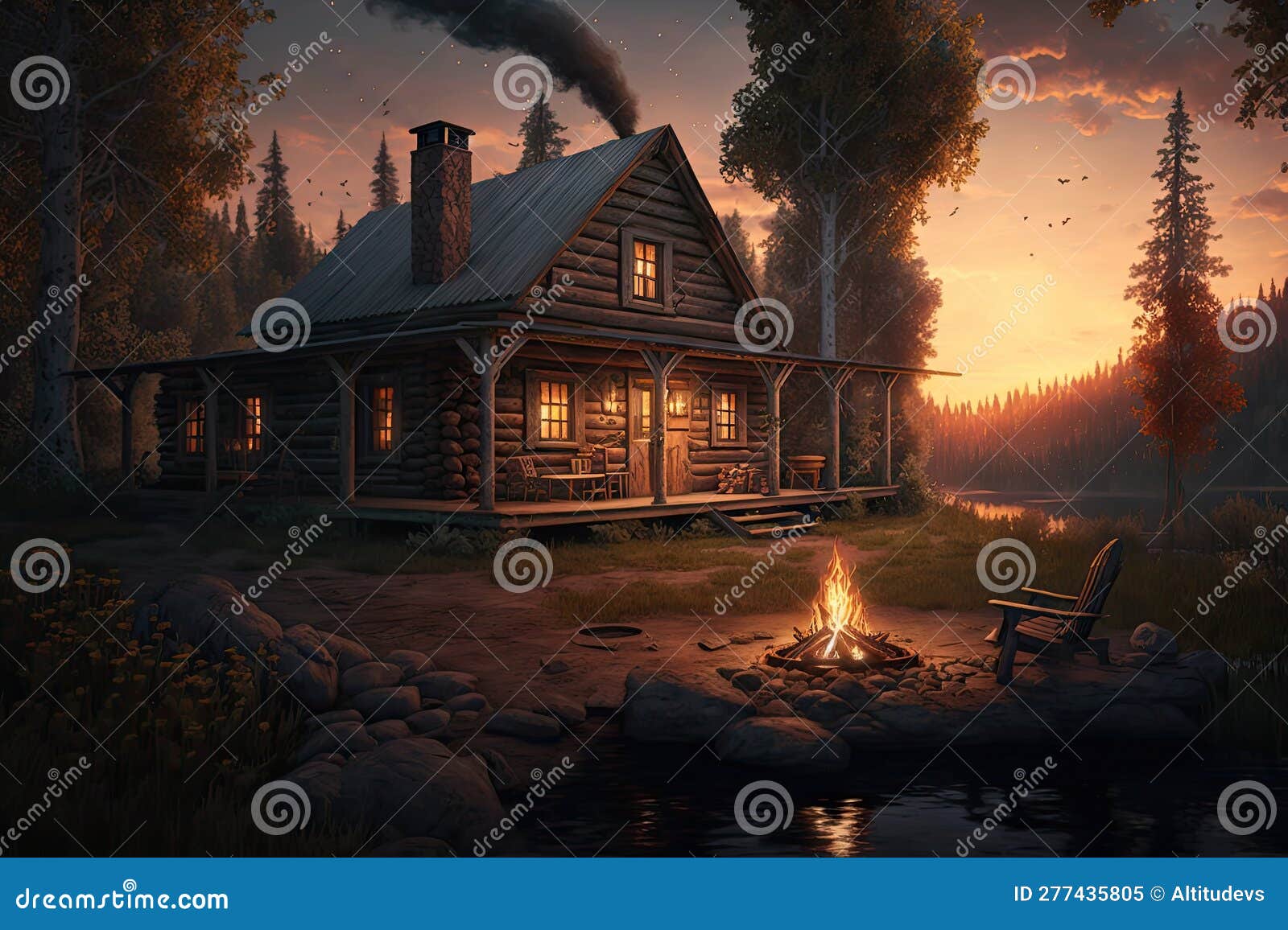 A Rustic Cabin in the Sunset with a Campfire Crackling Stock Image ...