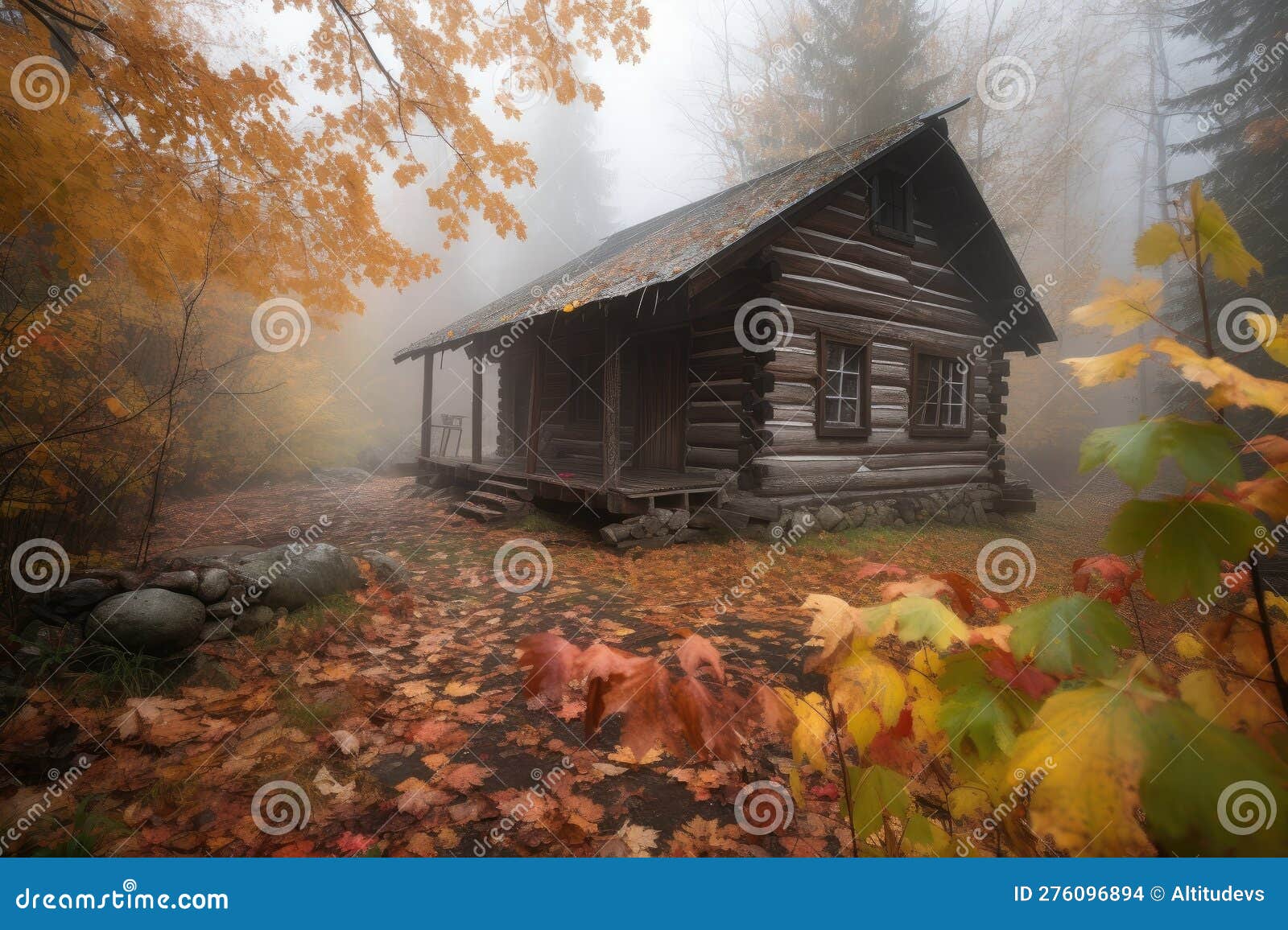 Rustic Cabin, Surrounded by Mist and Autumn Leaves on the Ground Stock ...