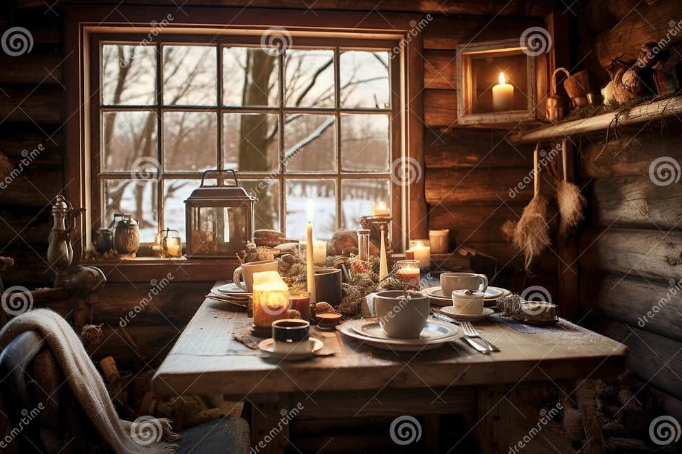 Rustic Cabin Table Setting with Hot Cocoa and Candles Stock Image ...