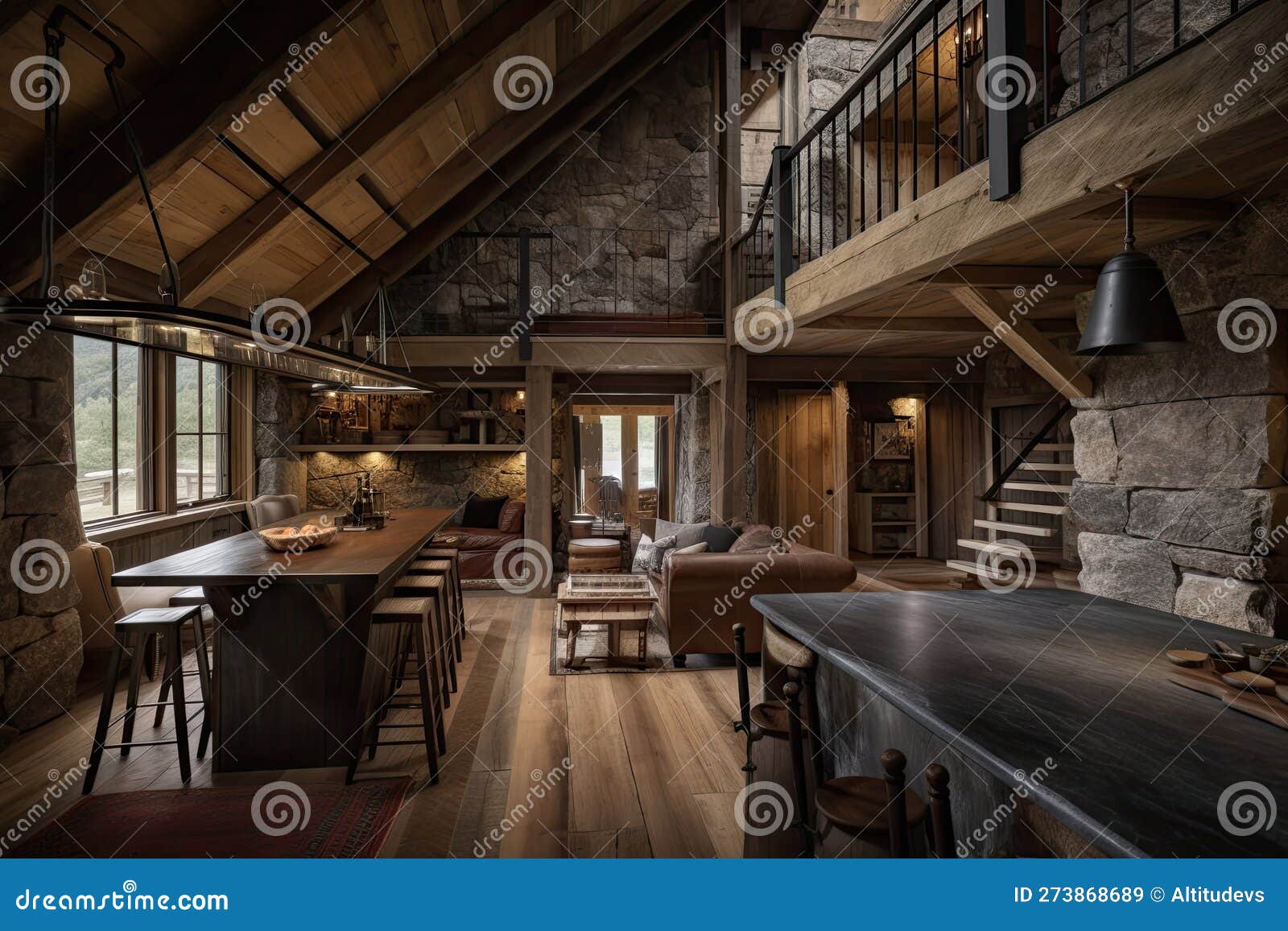 Rustic Cabin with Weathered Timber, Stone and Metal Features Stock ...