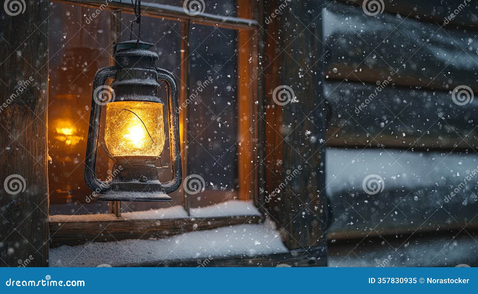 A Rustic Cabin Window with a Glowing Lantern and Falling Snow Outside ...