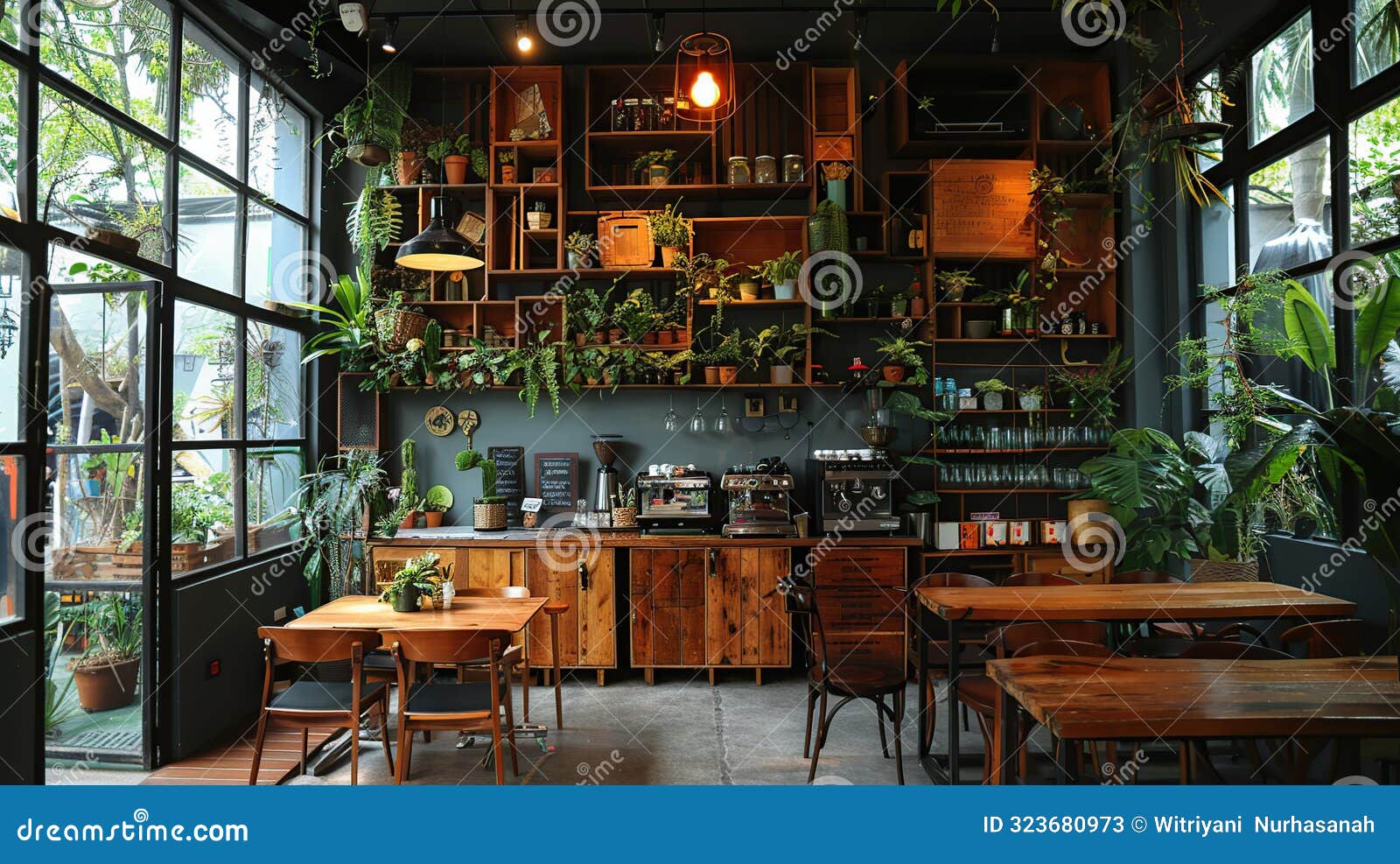 Rustic Cafe Interior with Abundant Greenery Stock Illustration ...