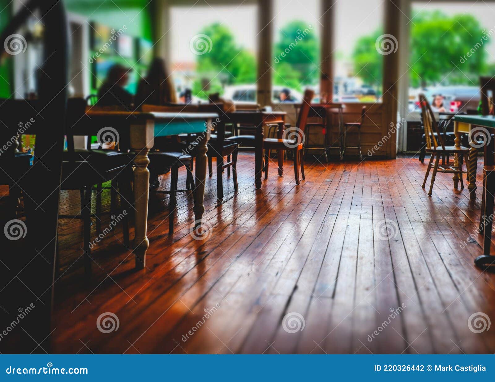 Rustic Cafe Interior with Worn Wood Floors, Limited Focus Stock Photo ...