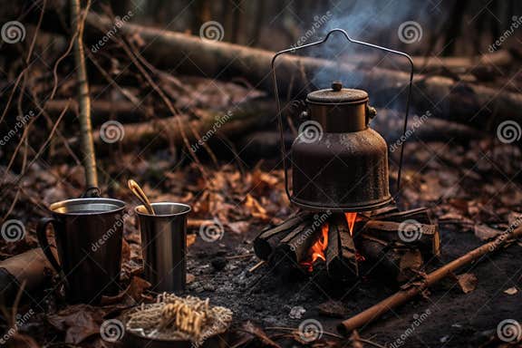 A Rustic Campfire Setup with Hot Chocolate Pot Stock Photo - Image of ...