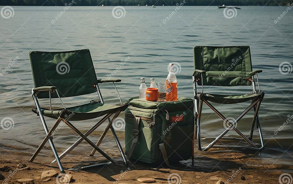 Rustic Camping Setup Folded Chairs and Cooler. Generative AI Stock ...
