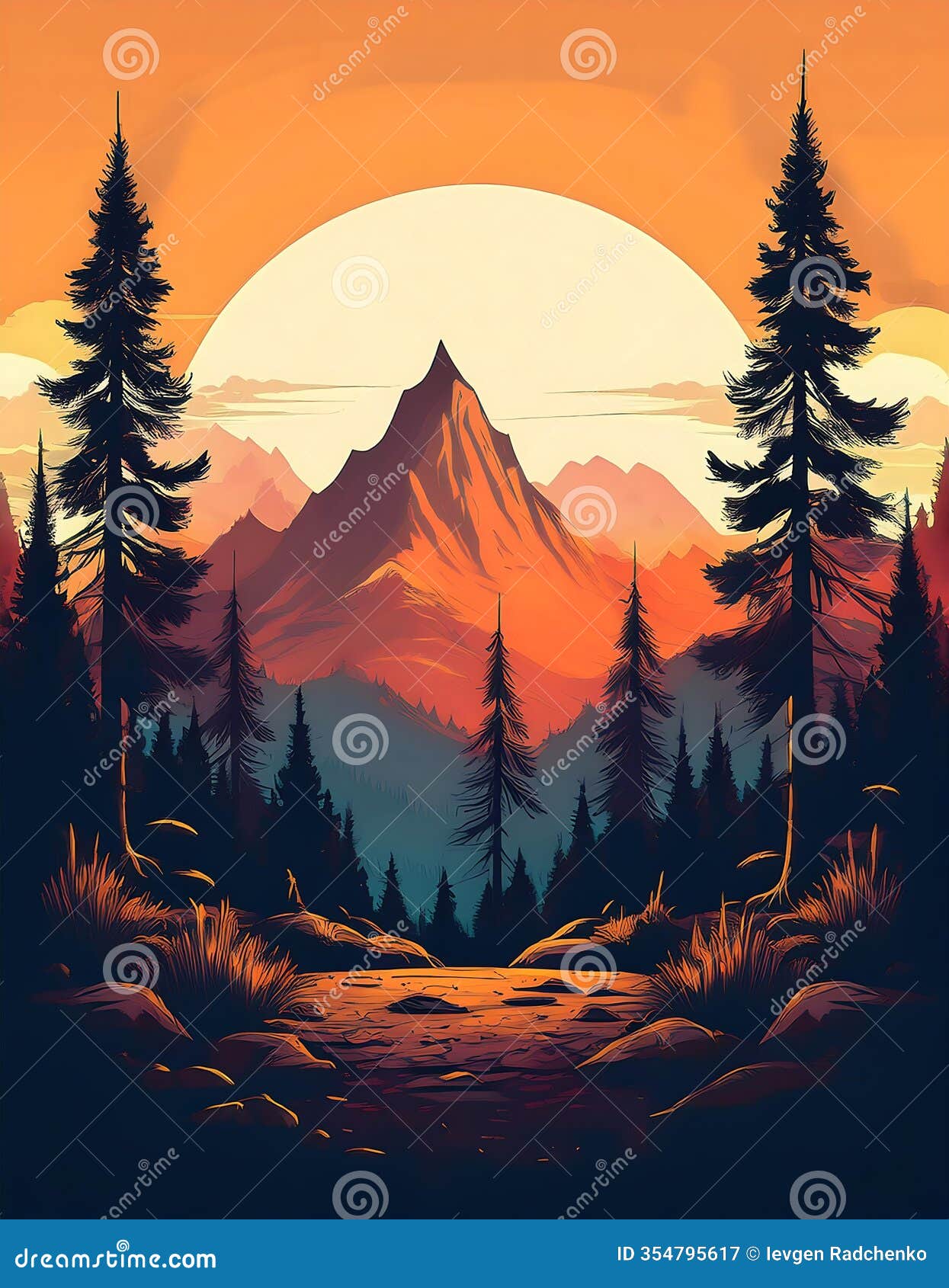 Rustic Camping Theme with Mountains and Pine Trees at Sunset Showcasing ...