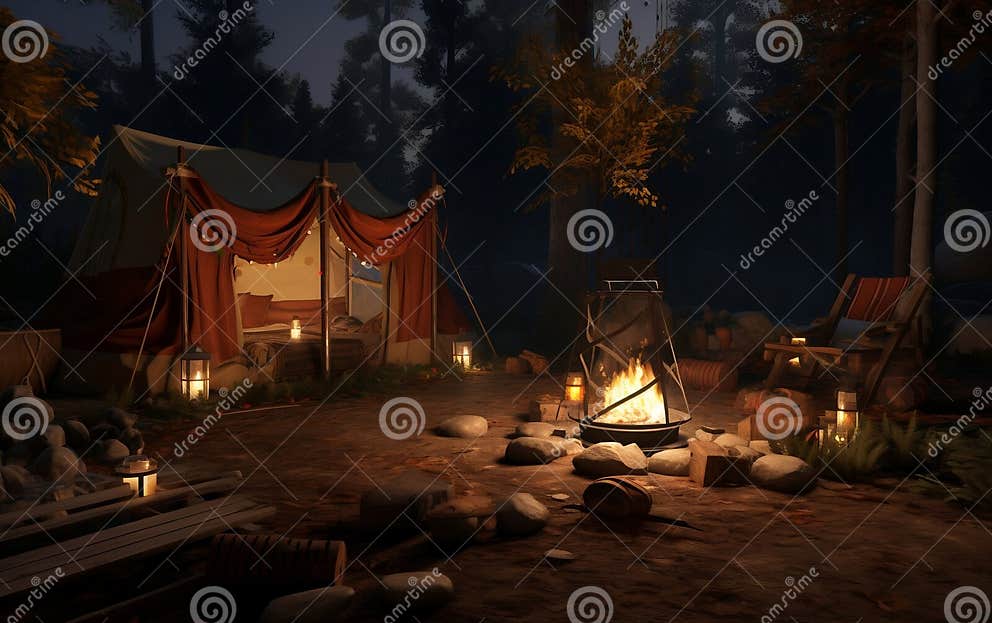 Rustic Campsite with Lantern, Fire Pit, and Cozy Blanket. AI Stock ...