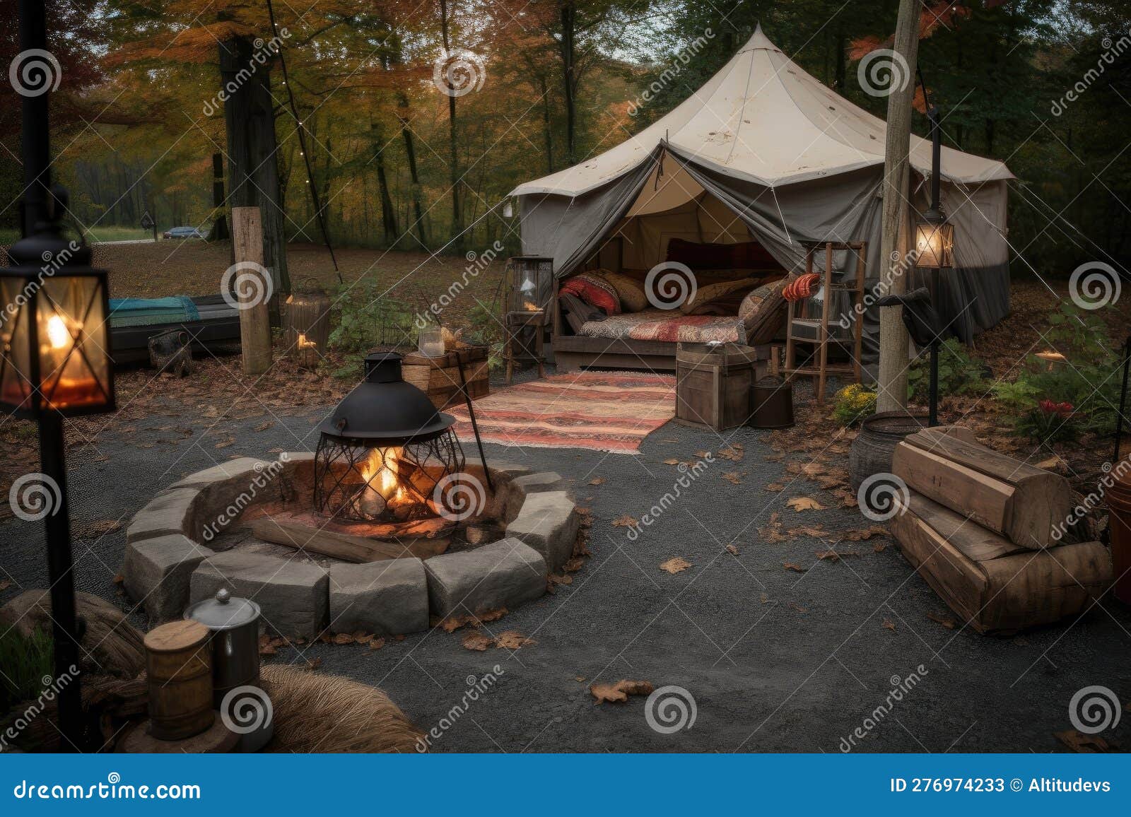 Rustic Campsite with Lantern, Fire Pit, and Cozy Blankets Stock Image ...