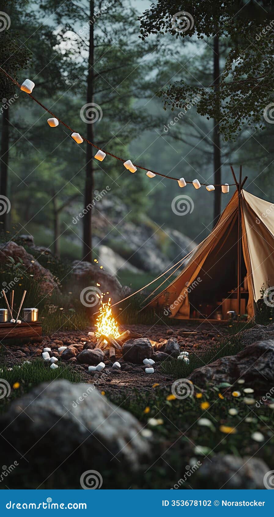 A Rustic Campsite with a Tent, Campfire, and Marshmallows on Sticks ...