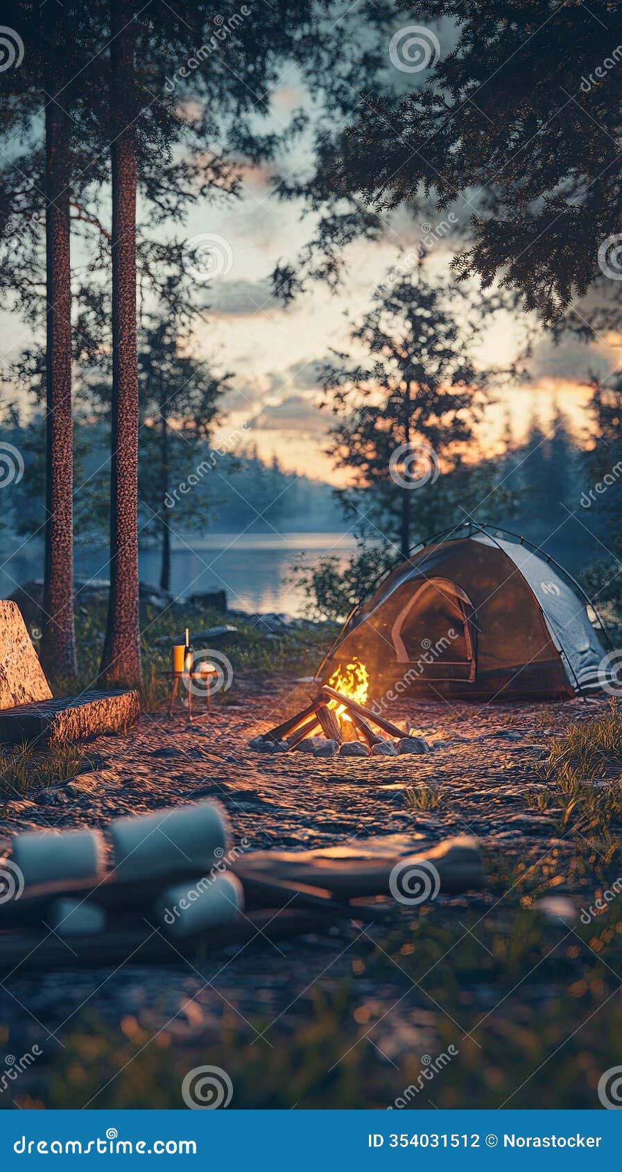 A Rustic Campsite with a Tent, Campfire, and Marshmallows on Sticks ...