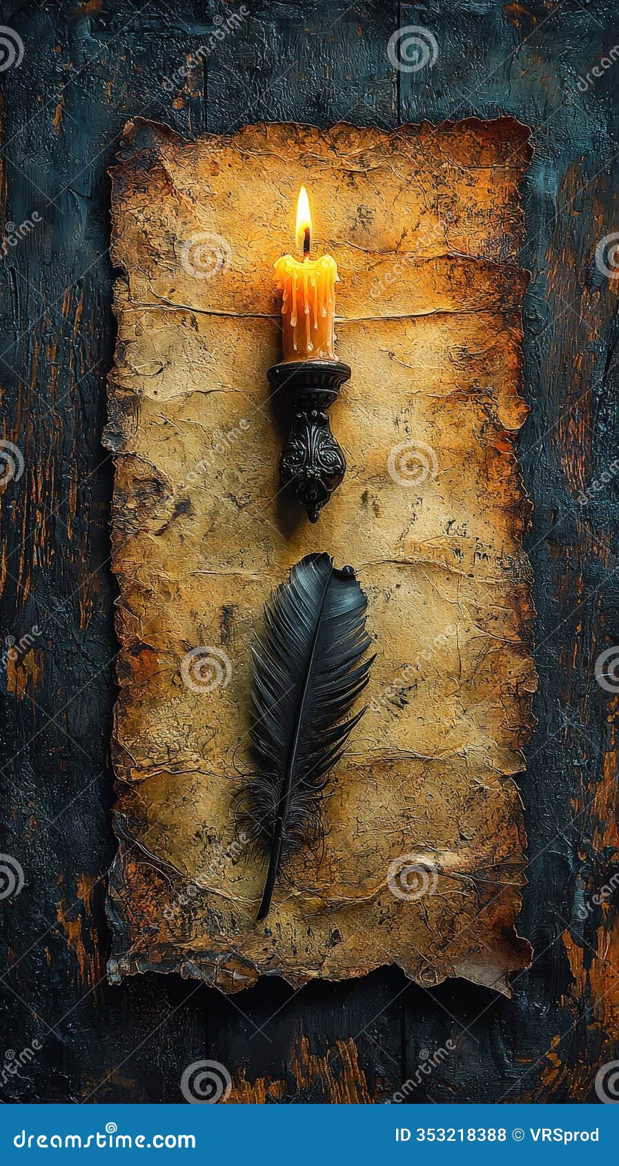 Rustic Candle and Feather on Aged Parchment Background Stock Photo ...