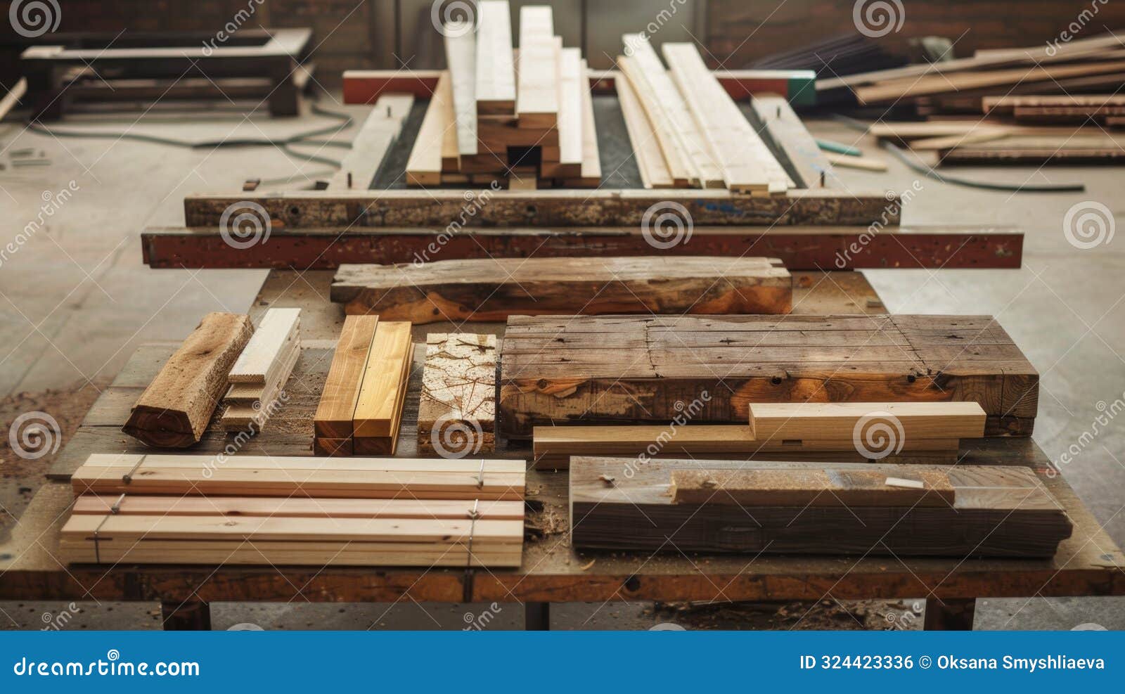 Rustic Carpentry Workshop with Assorted Wooden Planks and Tools Stock ...