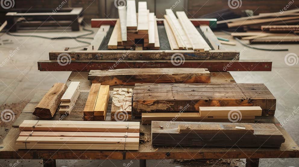 Rustic Carpentry Workshop with Assorted Wooden Planks and Tools Stock ...