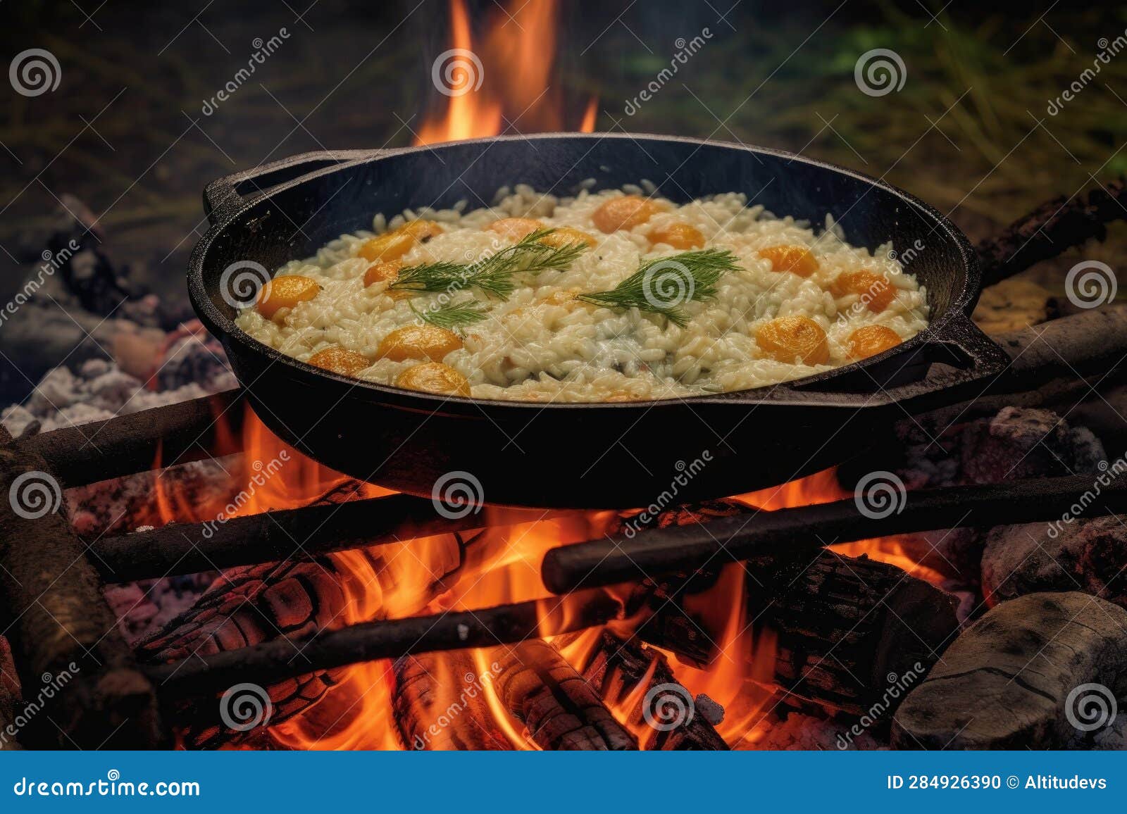 Rustic Cast Iron Pan with Risotto Over Campfire Flames Stock ...