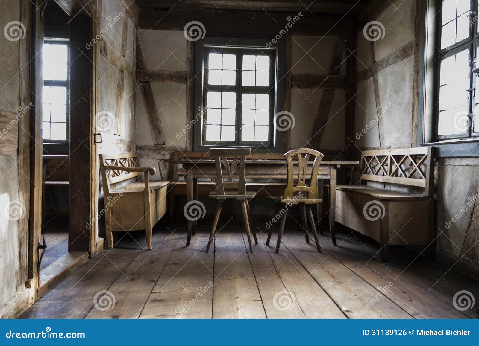 Rustic Chamber with Bench, Table and Chair. Stock Photo - Image of ...