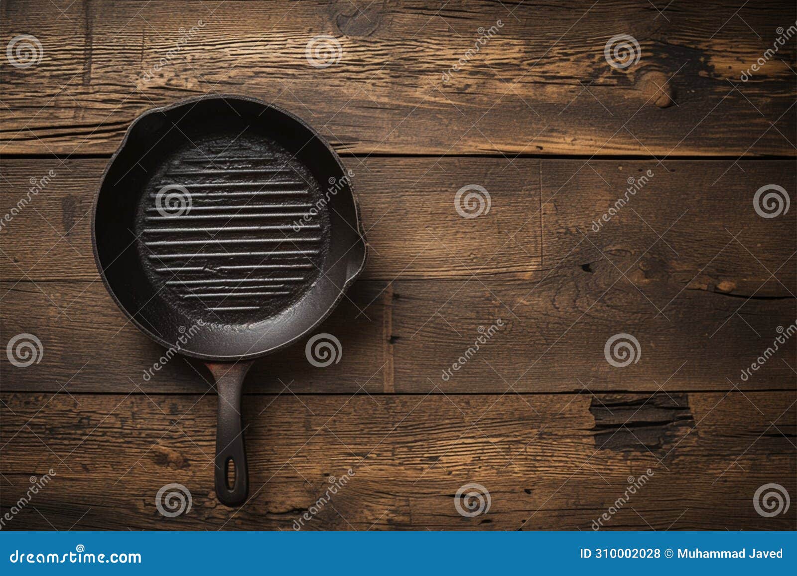 Rustic Charm Empty Grill Pan Showcased on an Old Oak Table Stock ...