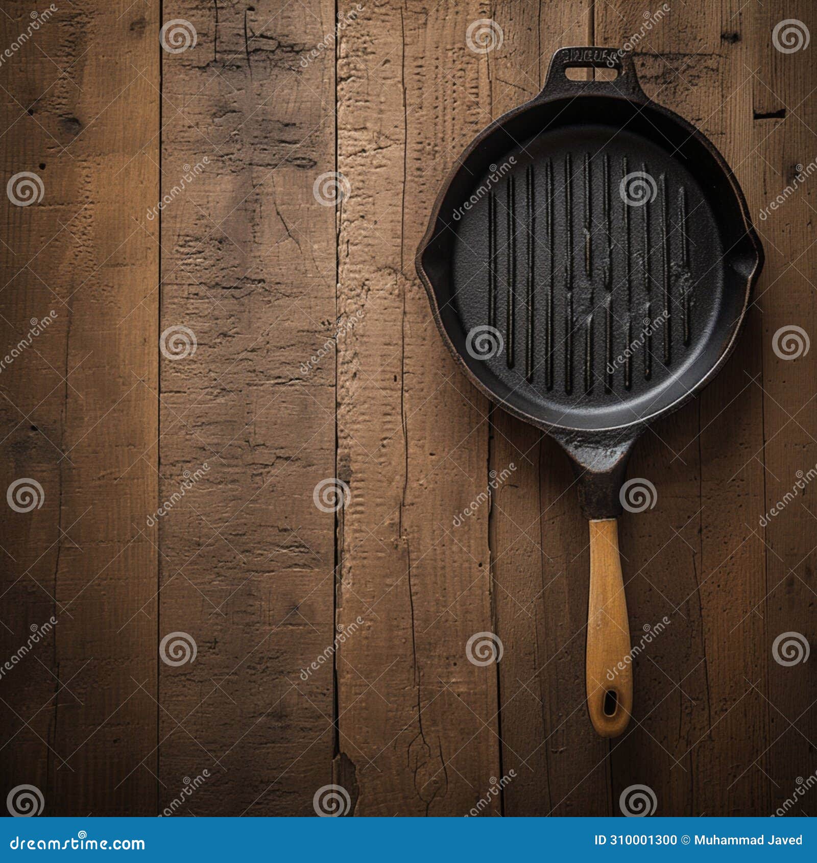 Rustic Charm Empty Grill Pan Showcased on an Old Oak Table Stock ...