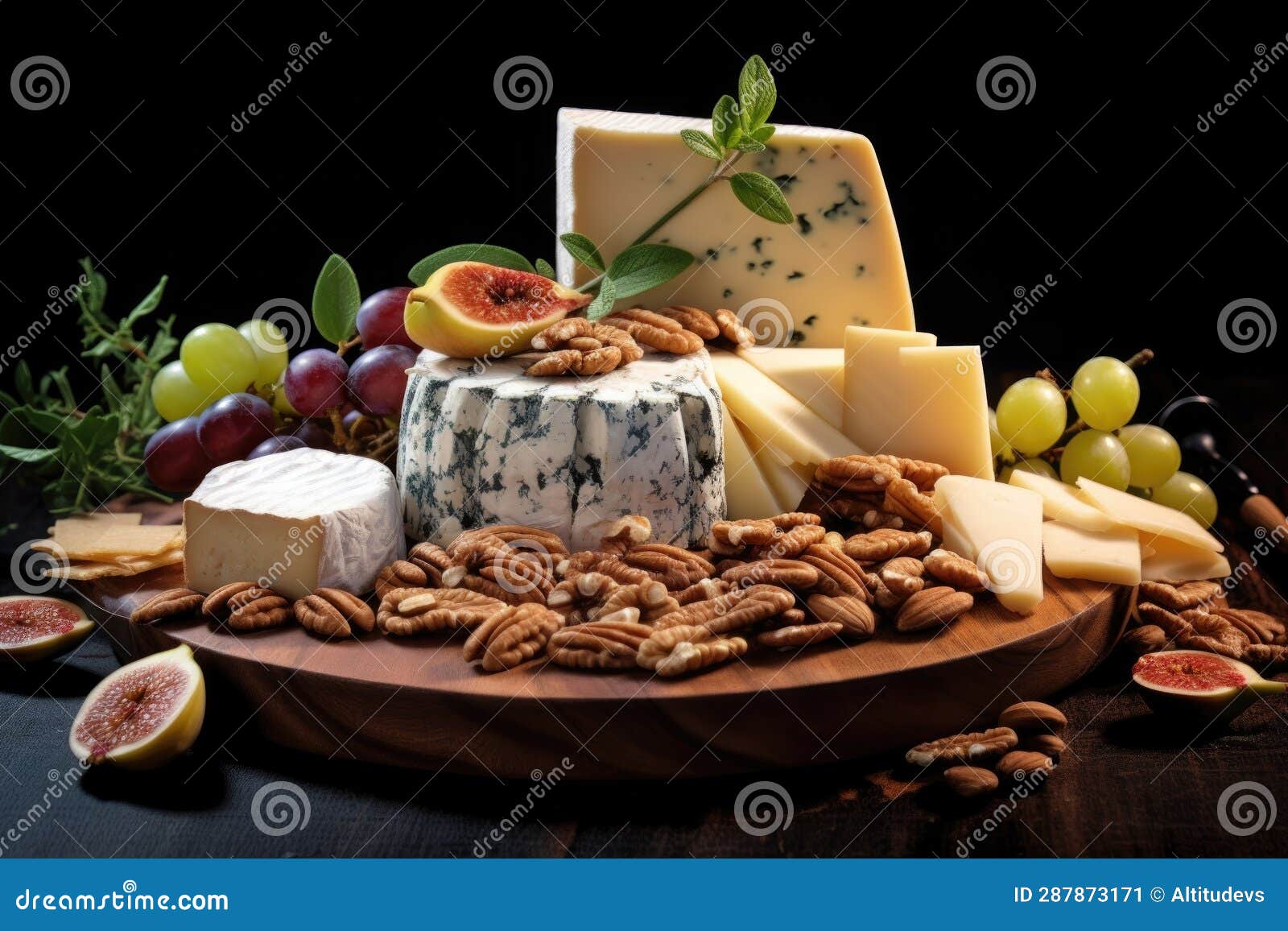Rustic Cheese Platter with Figs and Nuts on Dark Background Stock ...