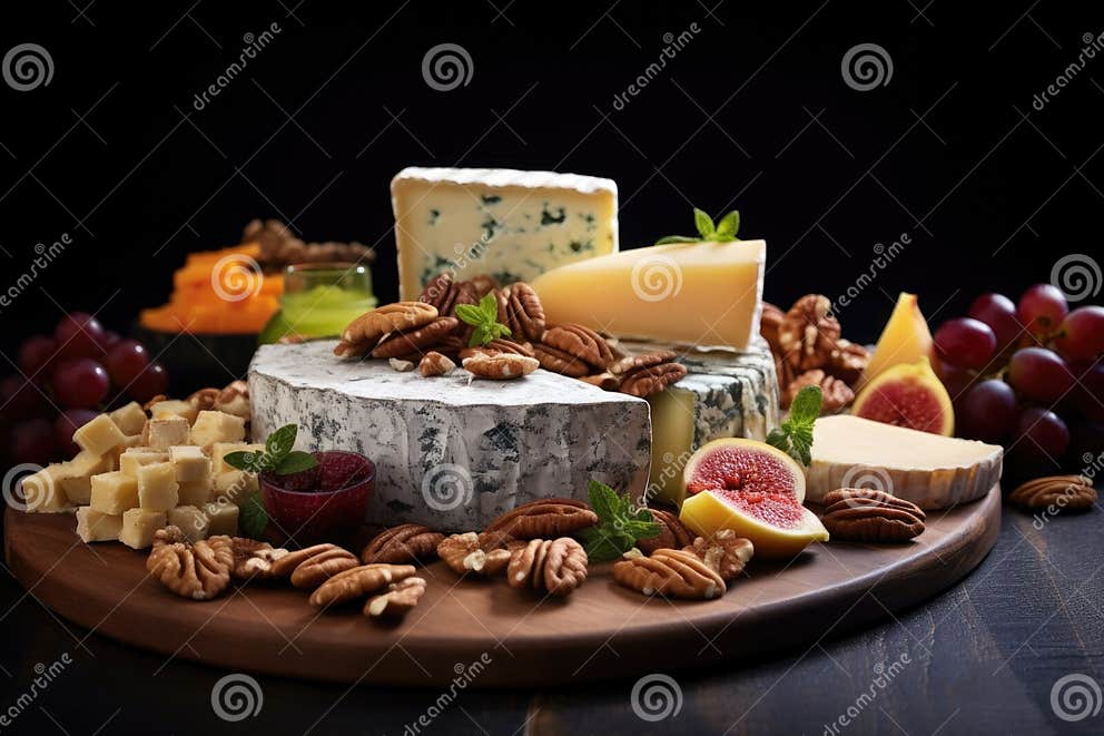 Rustic Cheese Platter with Figs and Nuts on Dark Background Stock Photo ...