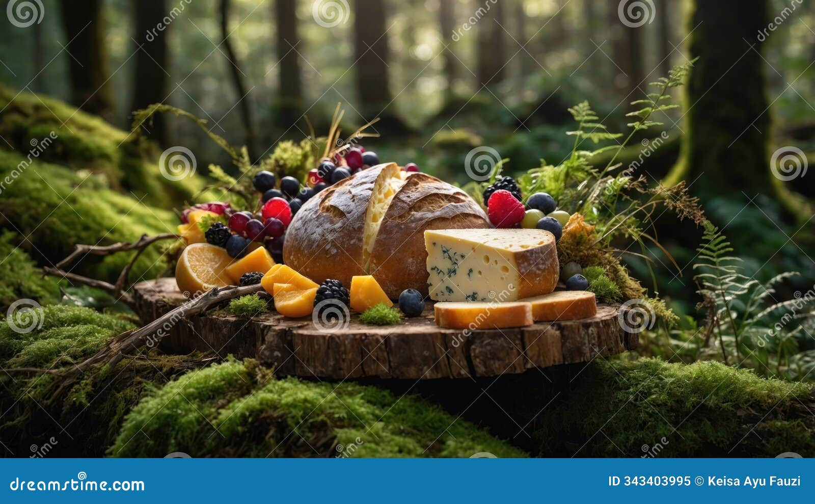 A Rustic Cheese Platter Surrounded by Fruits and Greenery in a Forest ...