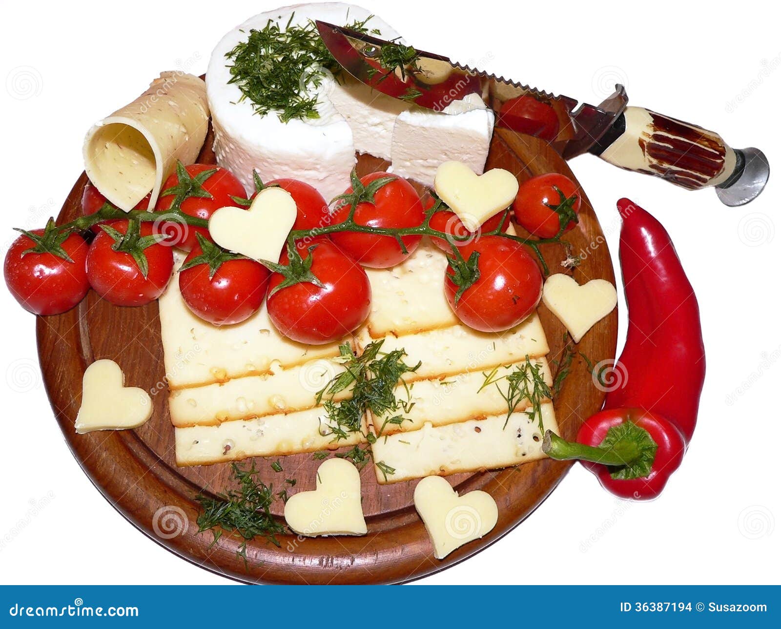 Rustic Cheese Platter with Tomatoes, Red Pepper and Knife Stock Photo ...