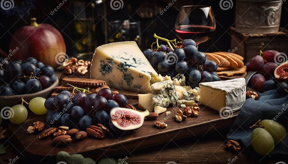 Rustic Cheese Tray with Gourmet Variation and Wine Generated by AI ...