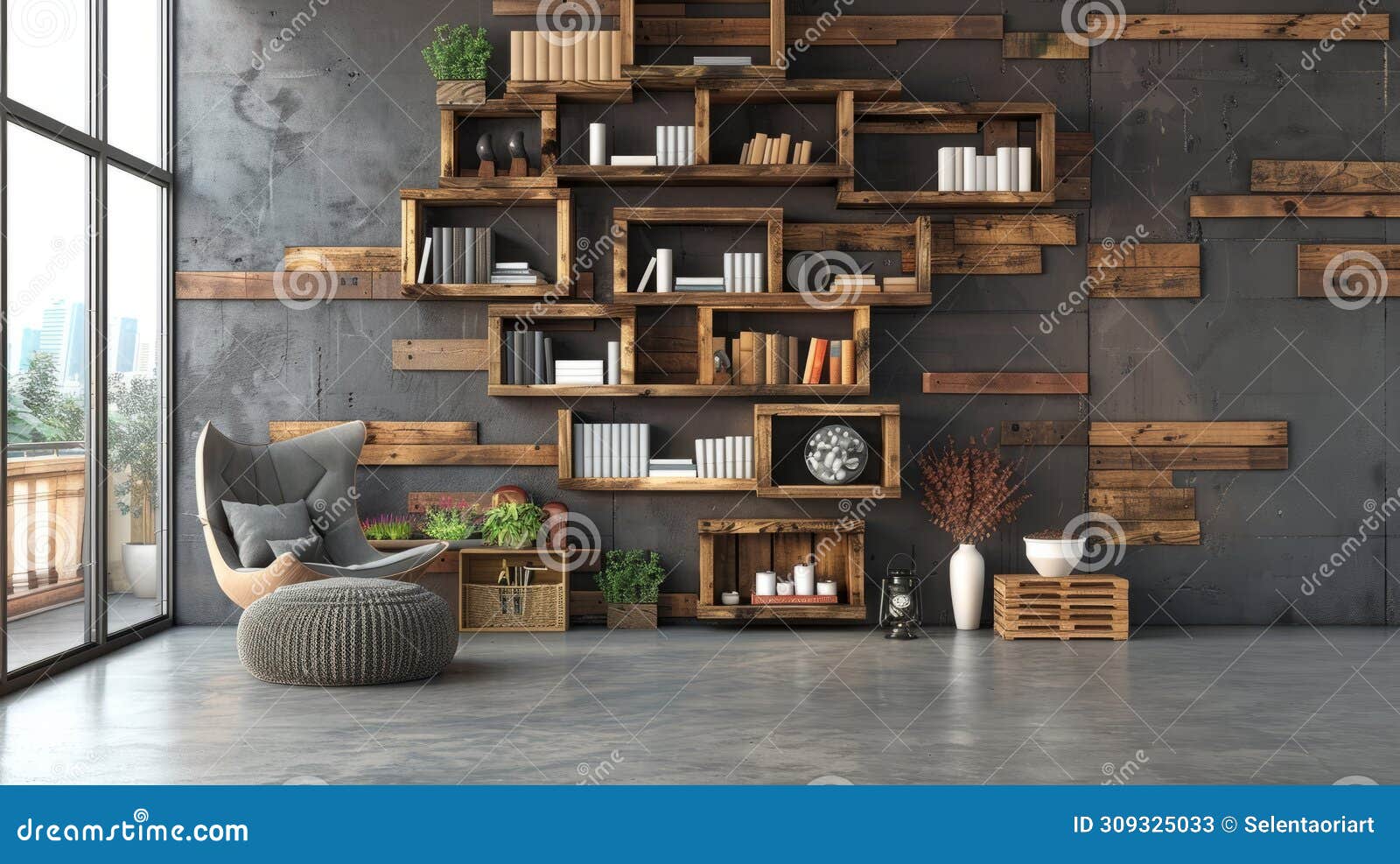 Rustic Chic Wall Bookshelf in Modern Decor Stock Illustration ...