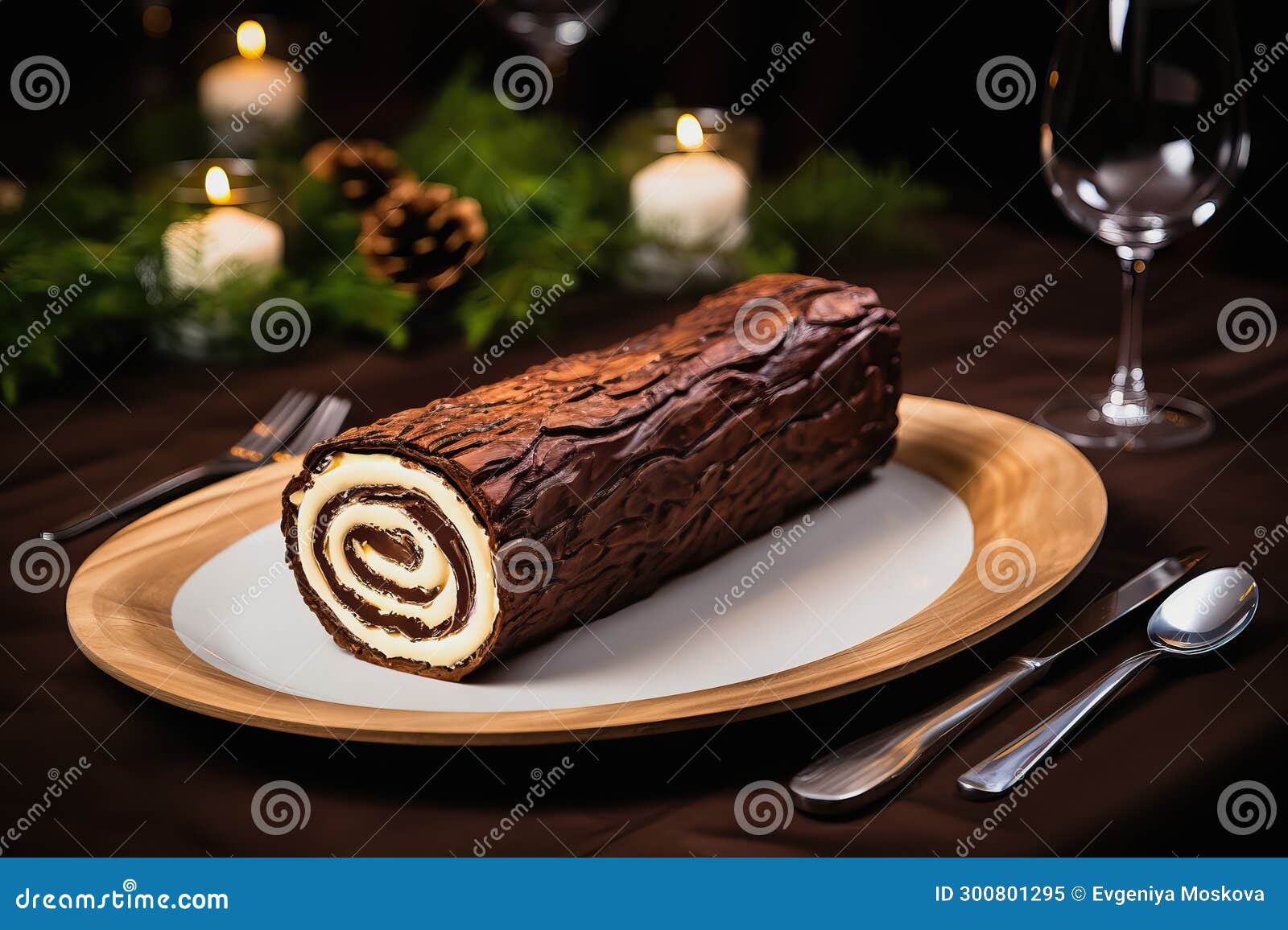 Rustic Chocolate Yule Log on Holiday Table Setting Stock Illustration ...